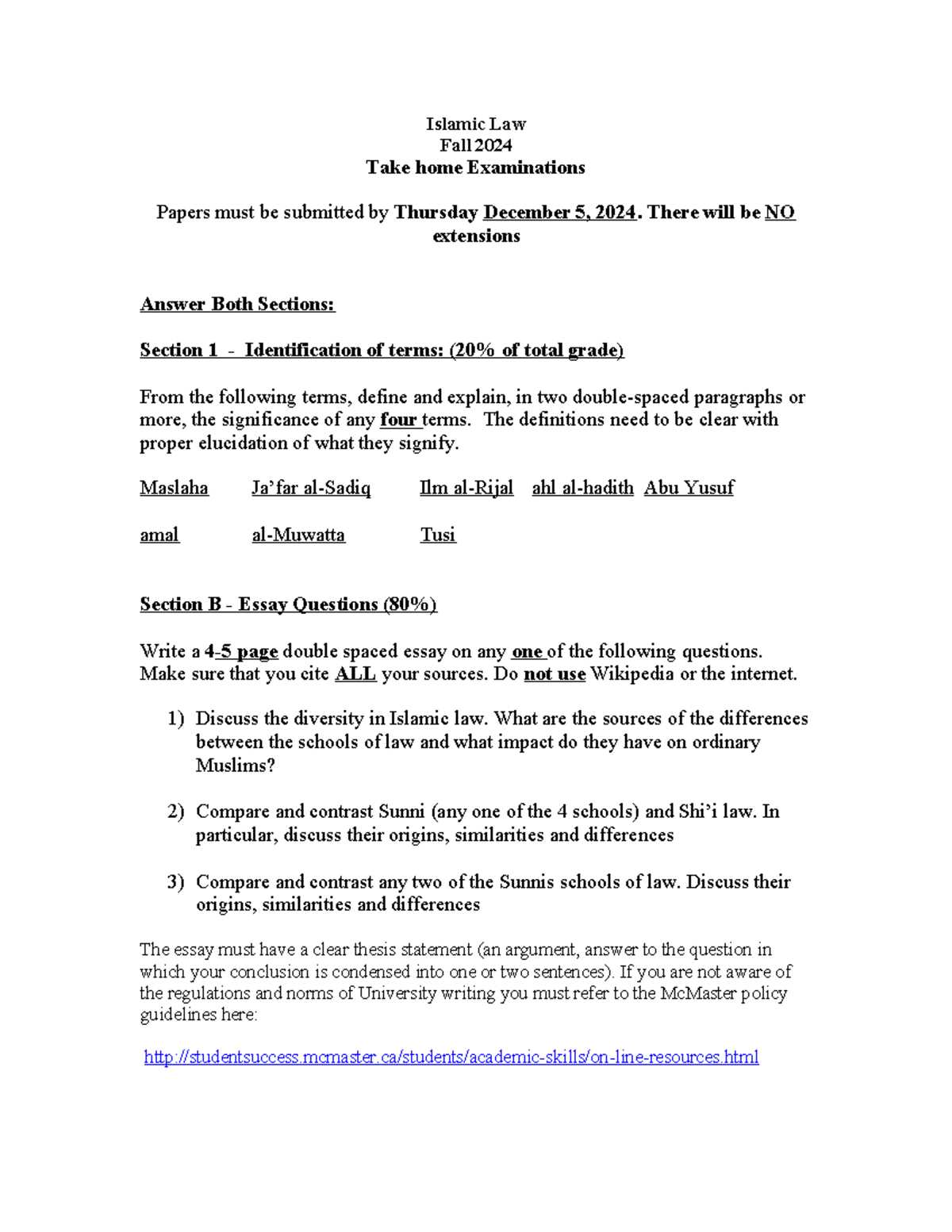 Islamic Law (Fall 2024) Take-Home Exam Guidelines and Topics - Studocu