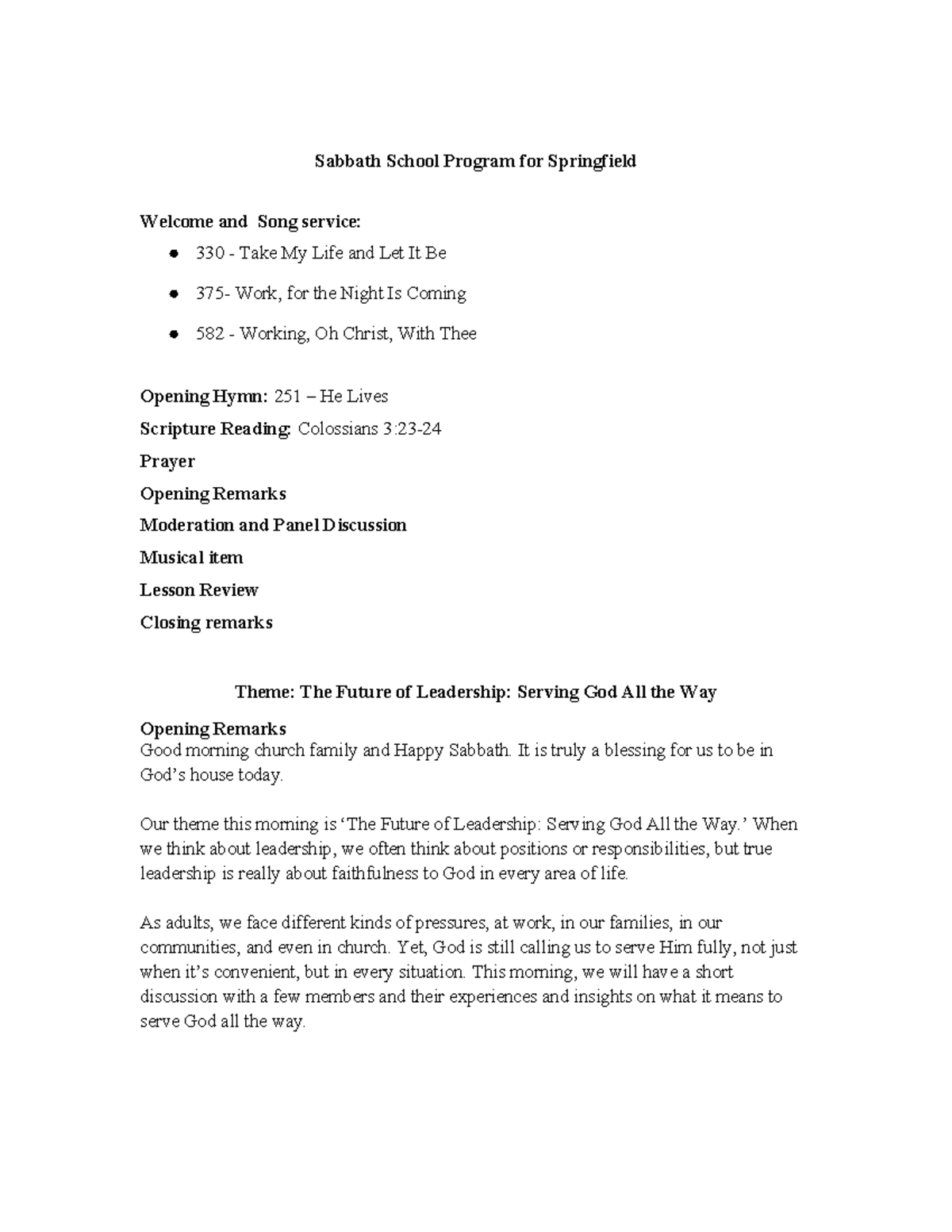 Sabbath School Program: Future of Leadership Discussion for Springfield ...