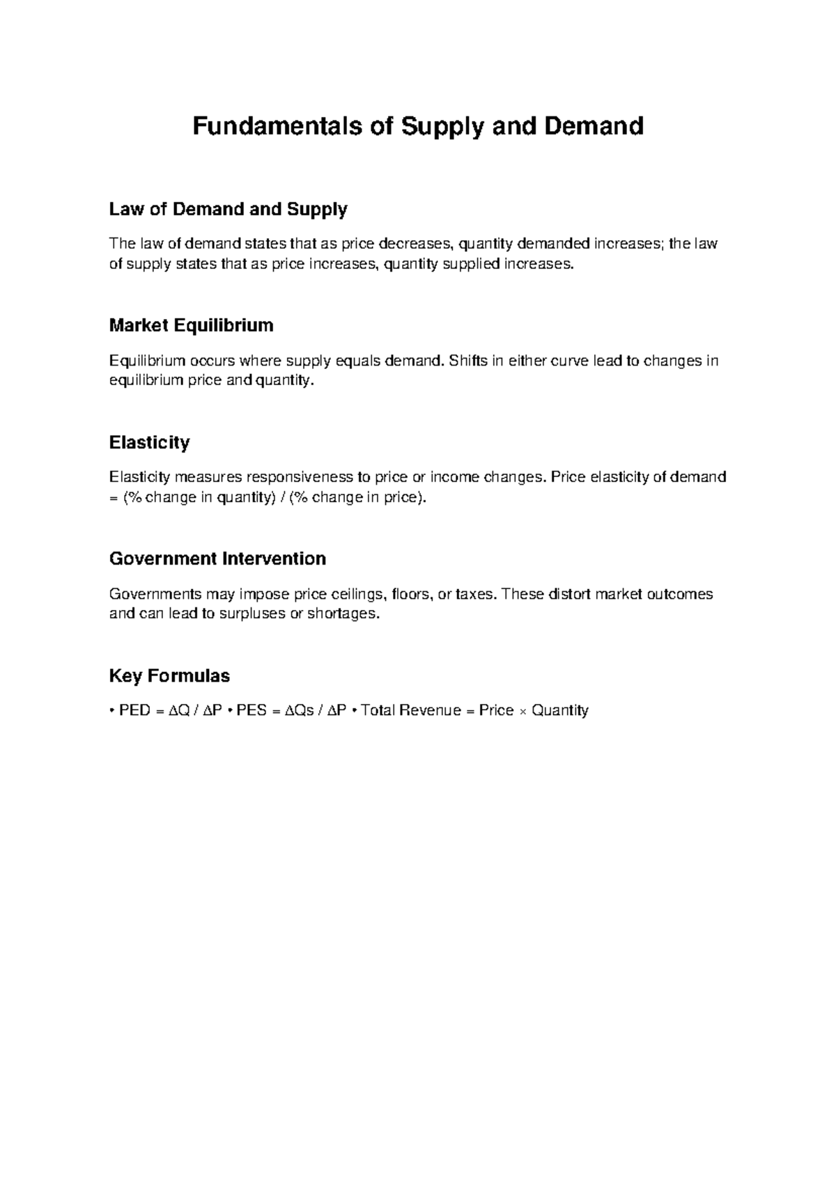 Fundamentals of Supply and Demand: Key Concepts and Formulas - Studocu