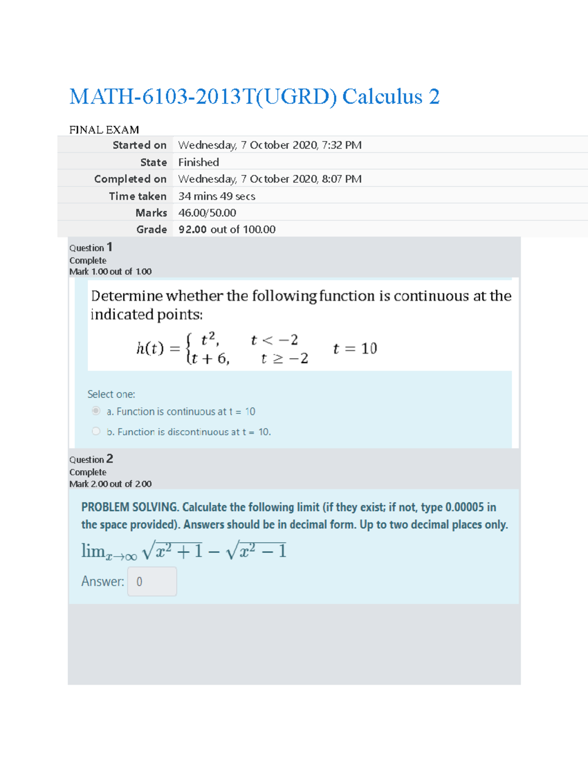Calculus 2 (MATH-6103) Final Exam Summary & Analysis - Studocu
