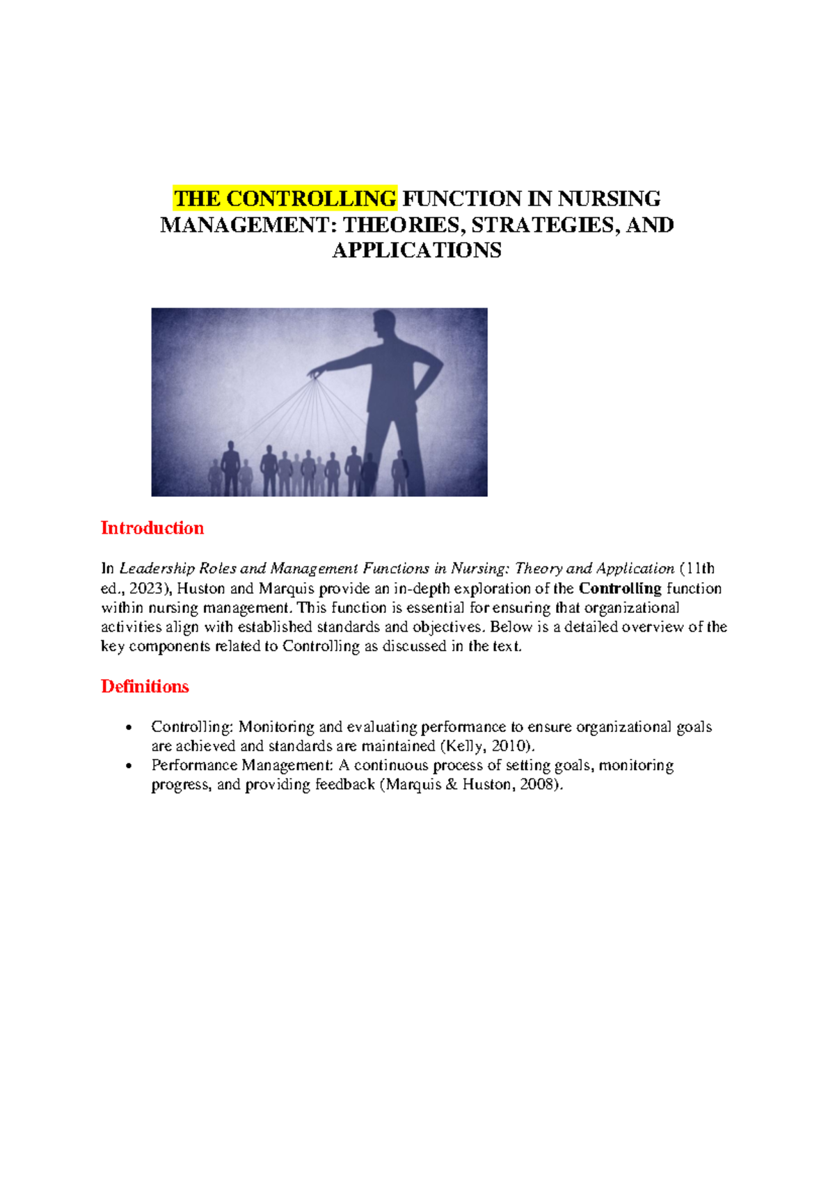 Unit III: The Controlling Function in Nursing Management - Studocu