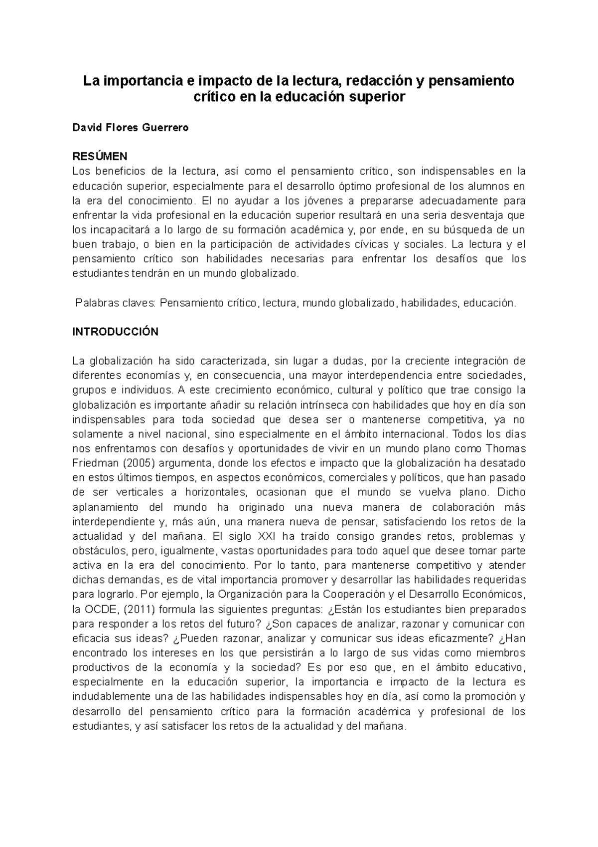 Impacto de la Lectura y Pensamiento Crítico en Educación Superior - Studocu
