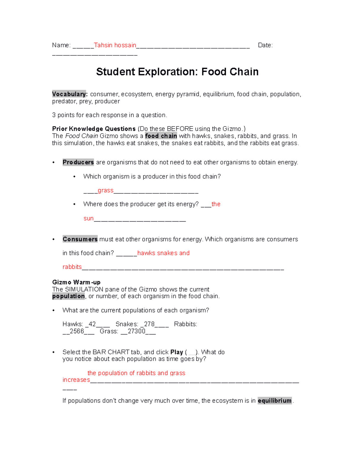 Assignment II.2 Food Chain Gizmo Answers Finished WORK - Name: Tahsin ...