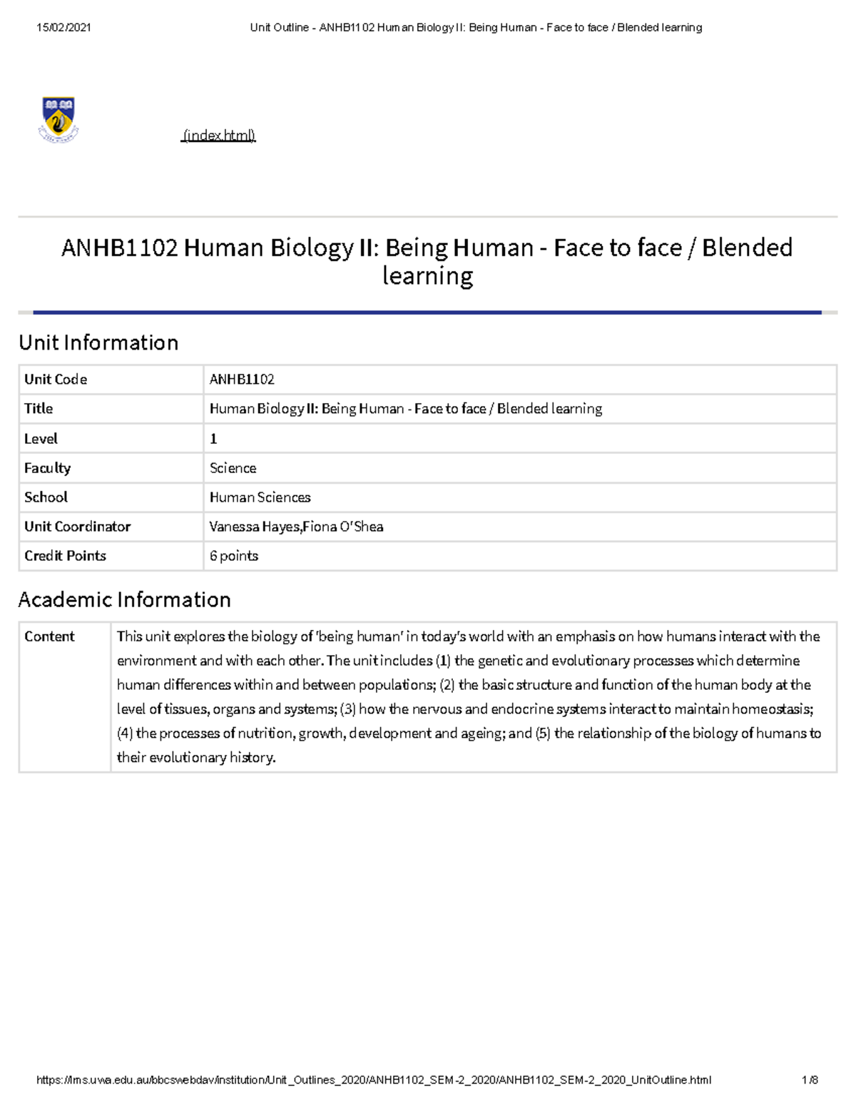 Unit Outline - ANHB1102 Human Biology II Being Human - Face to face ...