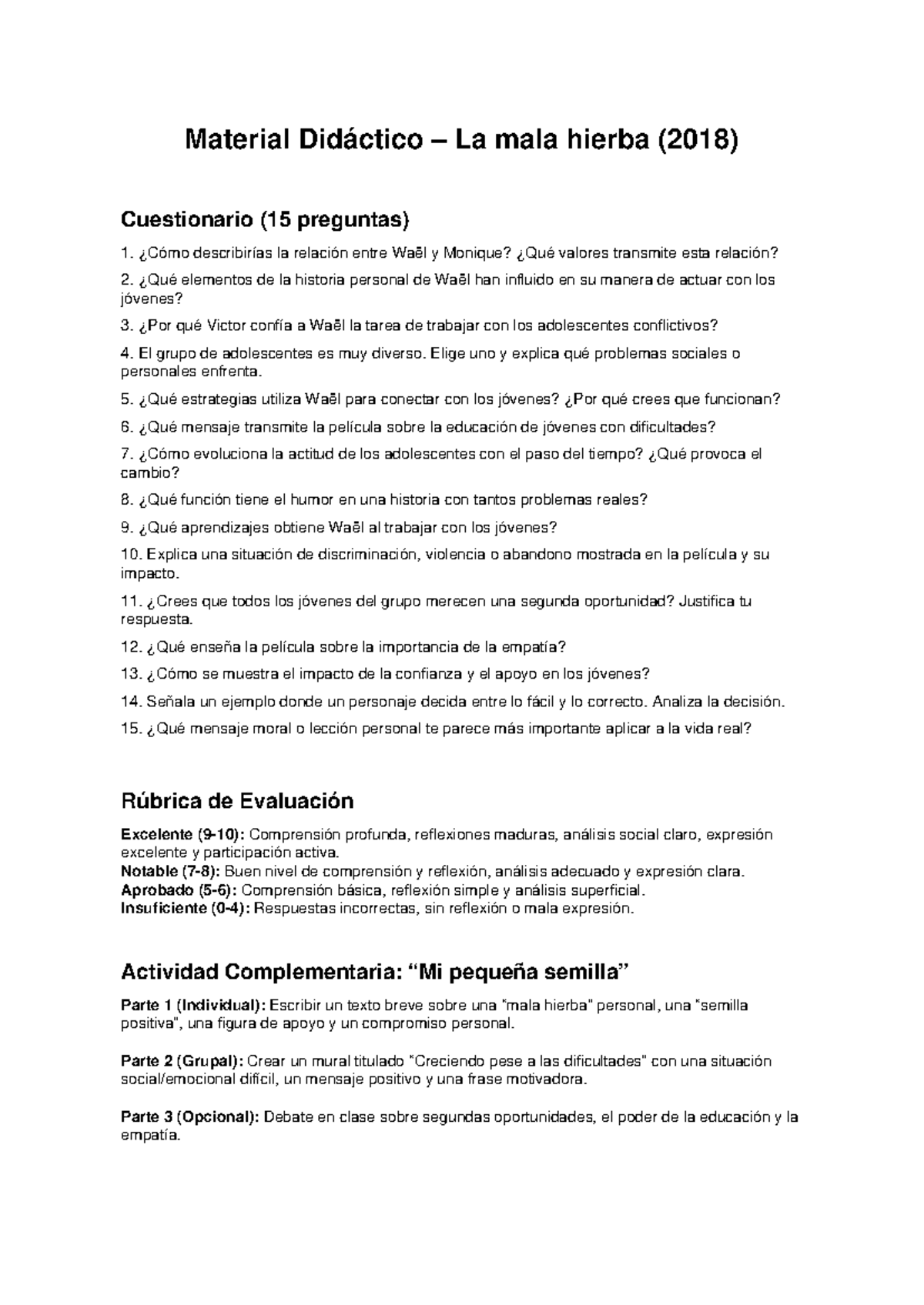Material Didáctico: Cuestionario sobre "La Mala Hierba" (2018) - Studocu