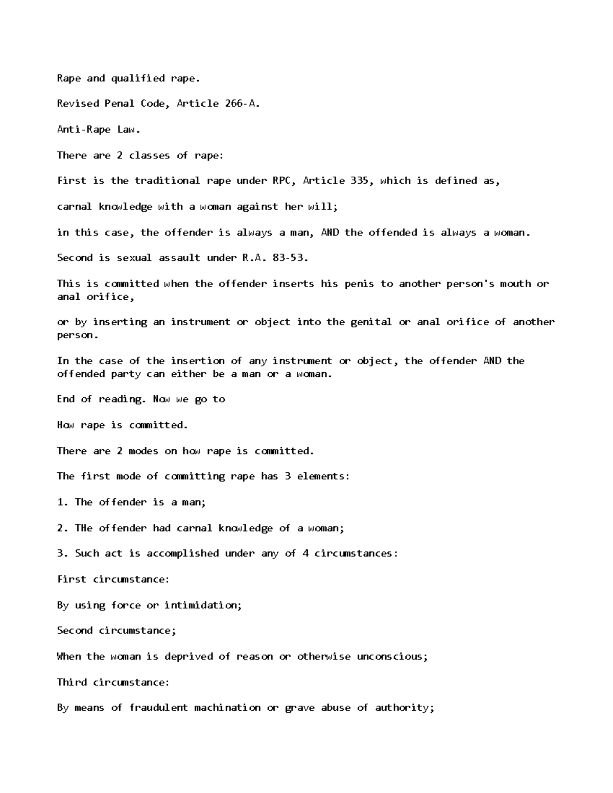 Rape and qualified rape - Revised Penal Code, Article 266-A. Anti-Rape ...