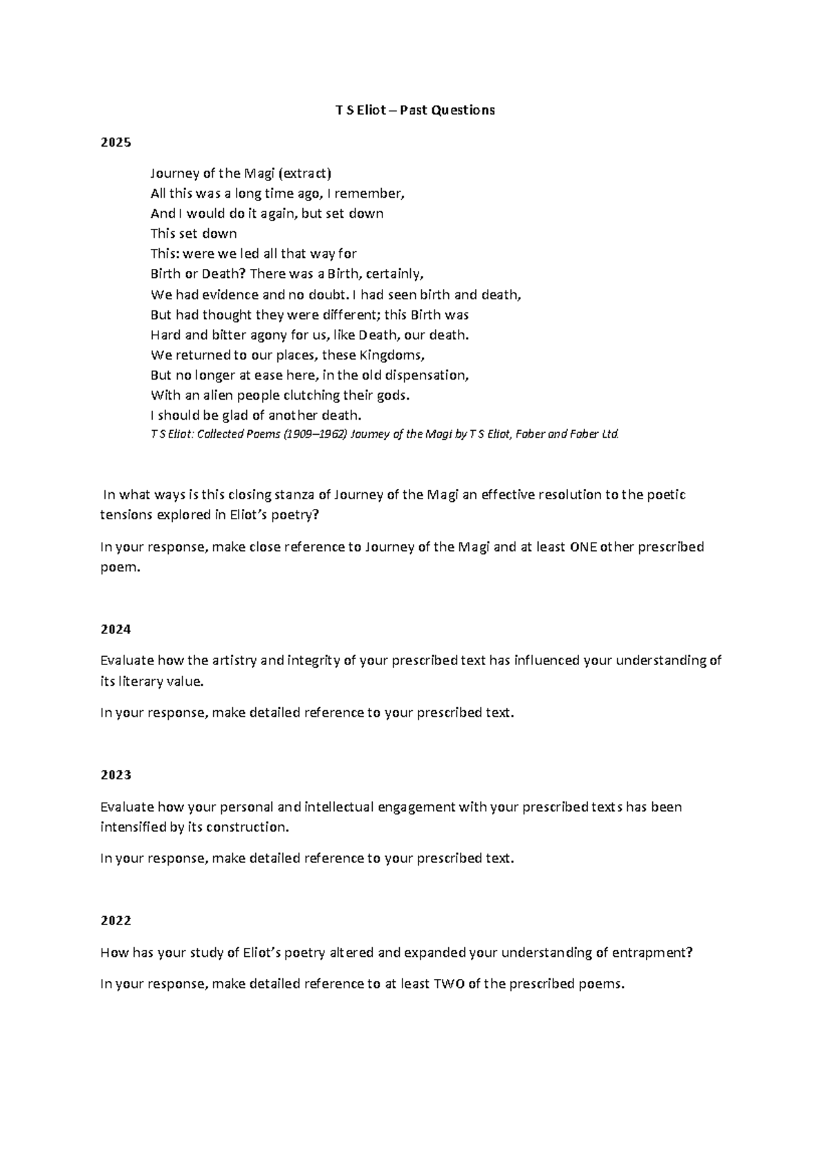 Module B HSC Past Questions: T S Eliot's Journey of the Magi - Studocu