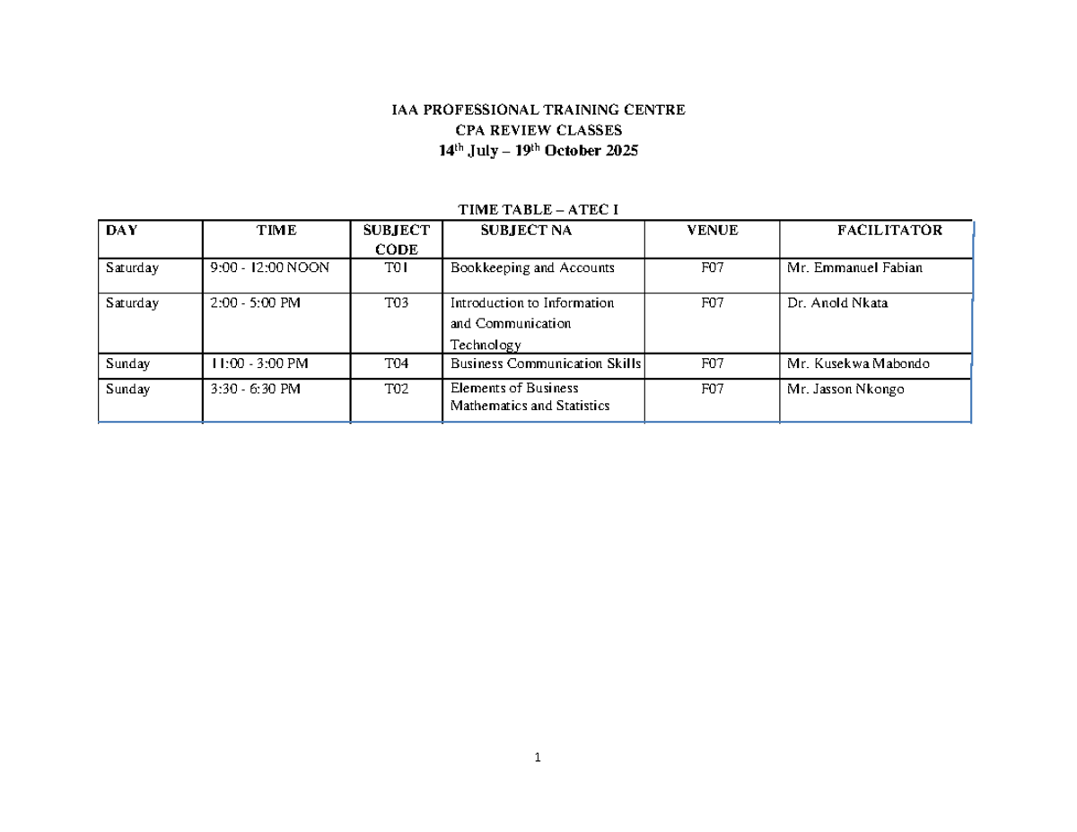 CPA Time Table July-October 2025 - Final Draft - Studocu