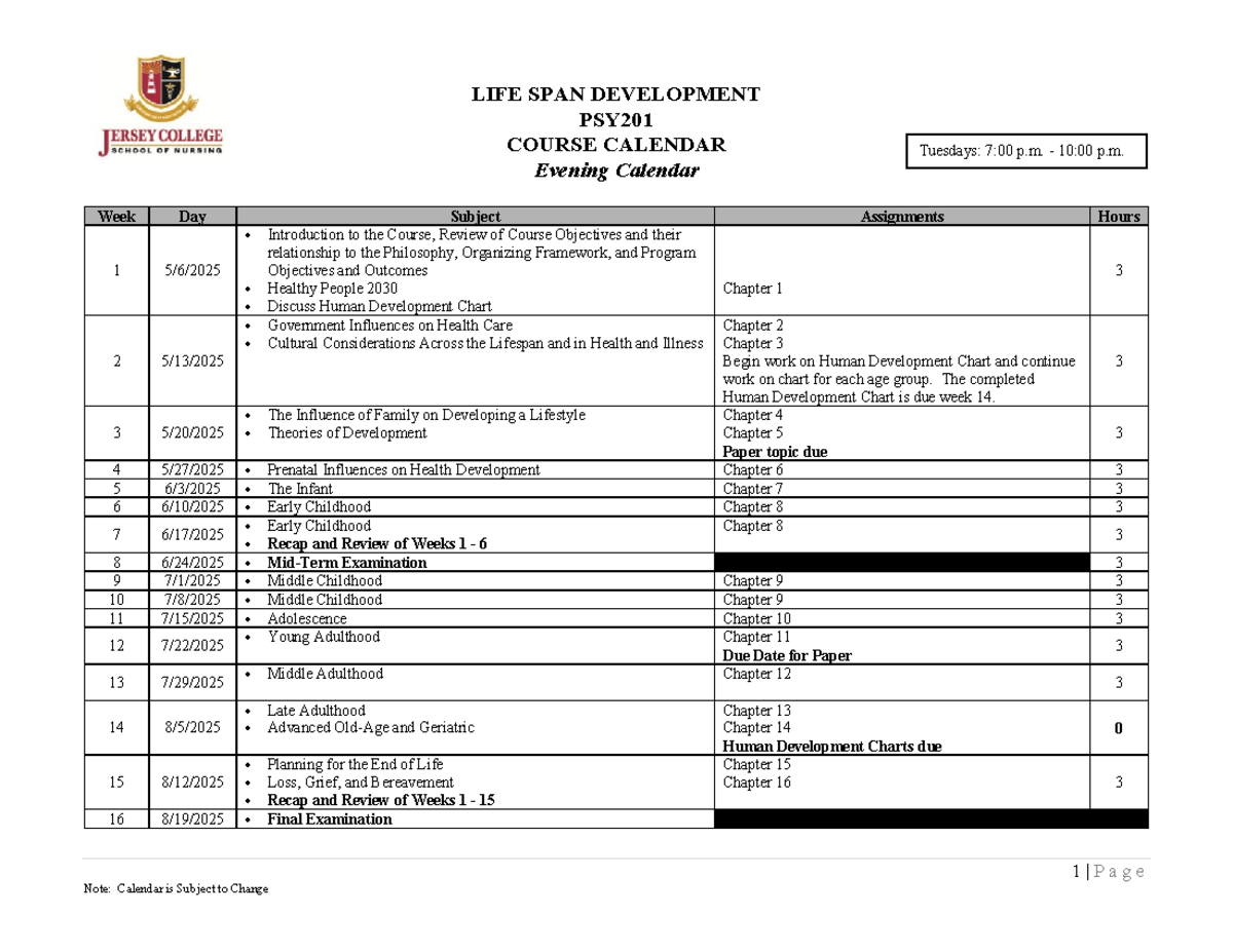 PSY201 - Life Span Development Course Calendar - Summer 2025 Evening ...