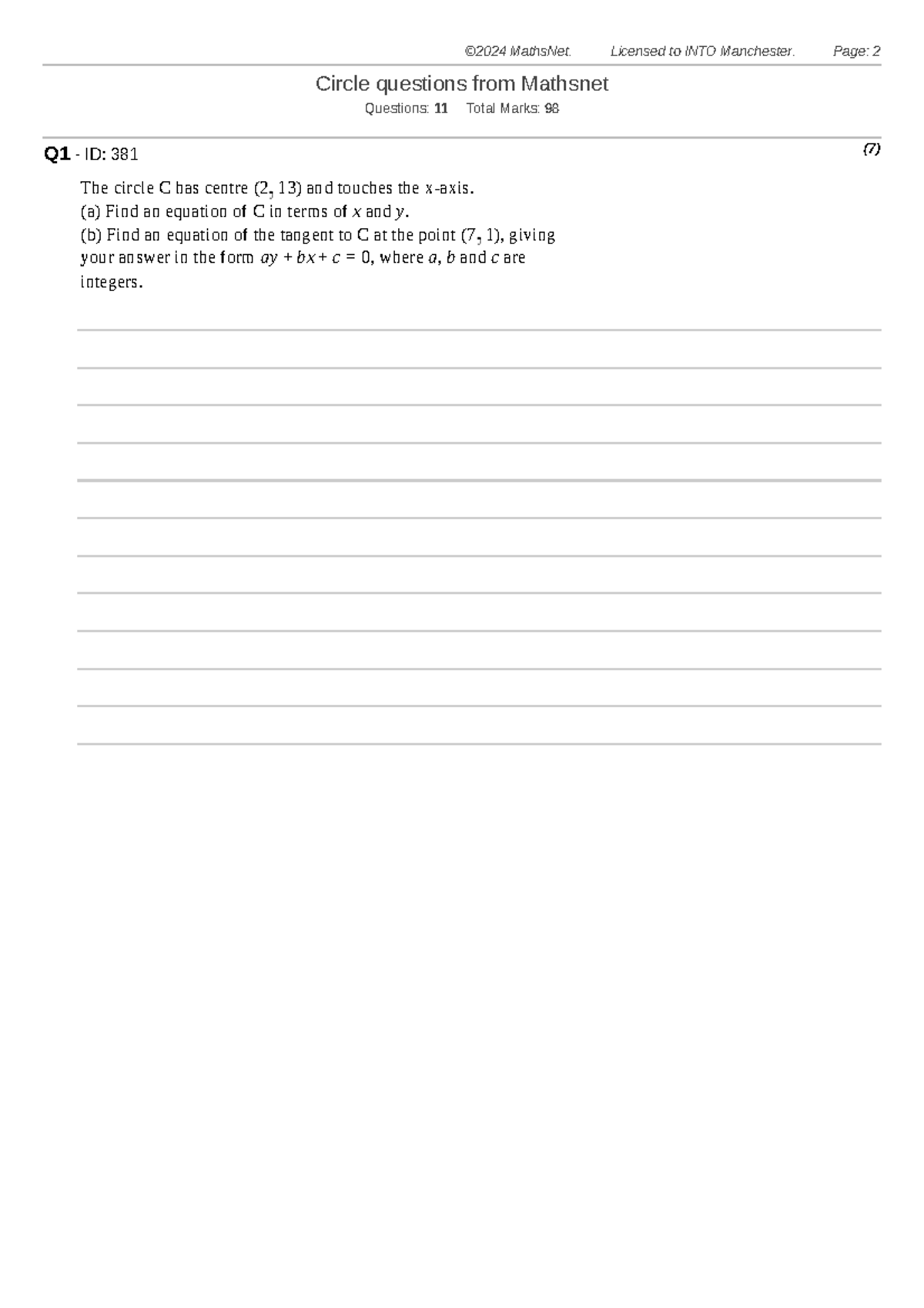 Circle Questions from MathsNet: Geometry and Tangents - Studocu