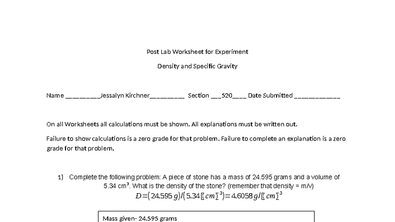 Post Lab Worksheet: Density & Specific Gravity Experiment - Studocu