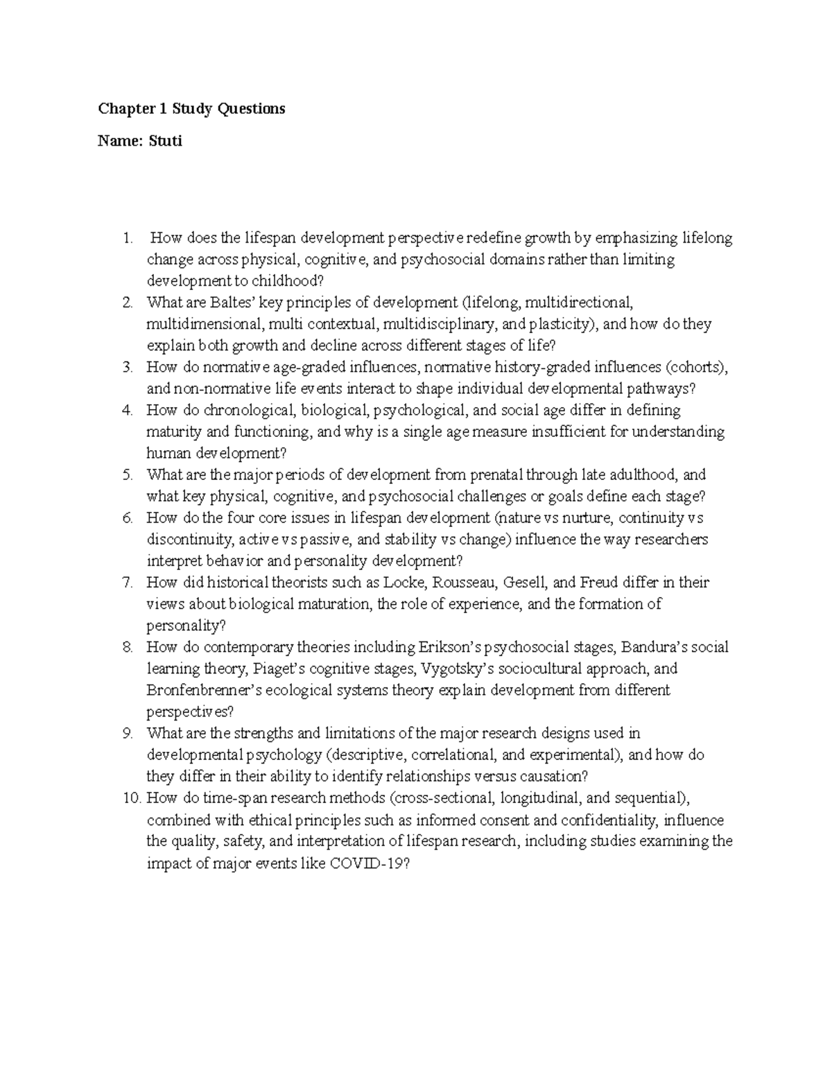 Lifespan Development: Chapter 1 Study Questions (PSY 101) - Studocu