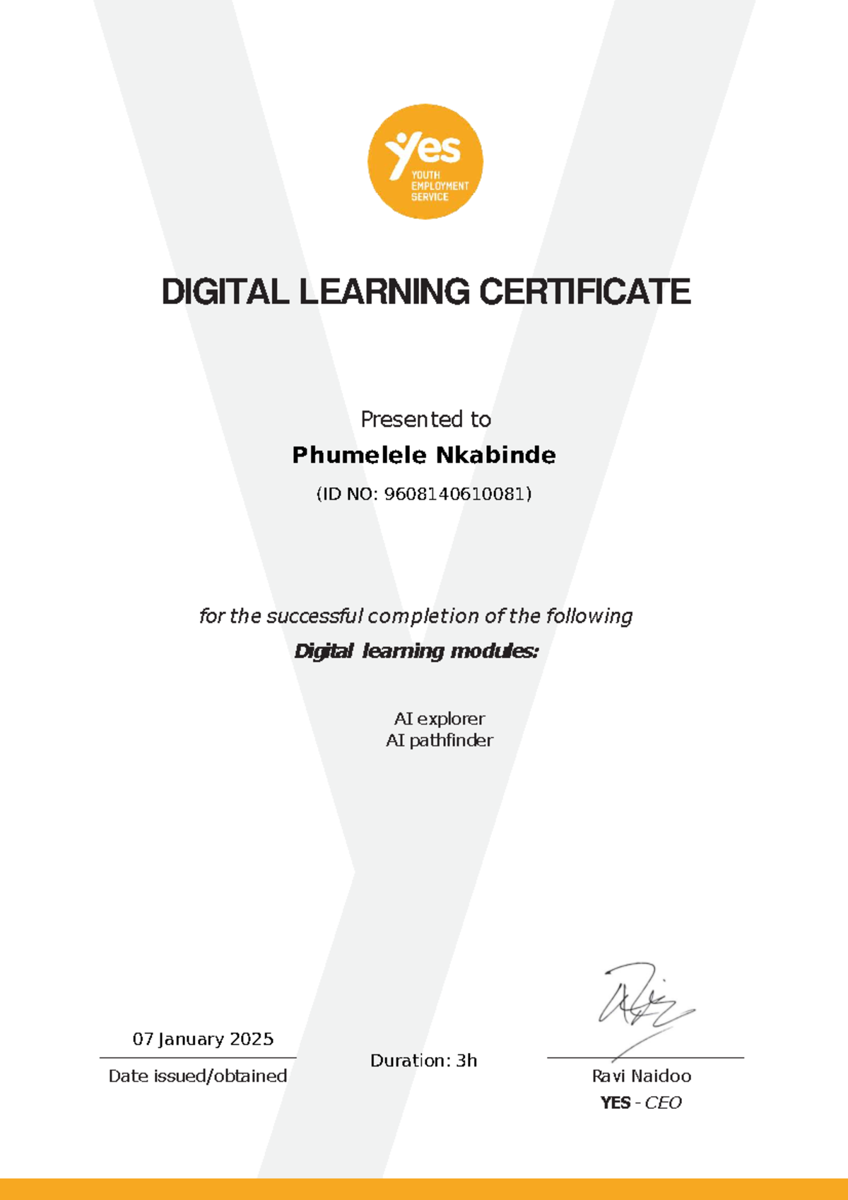 Digital certificate - RE5 - for the successful completion of the ...