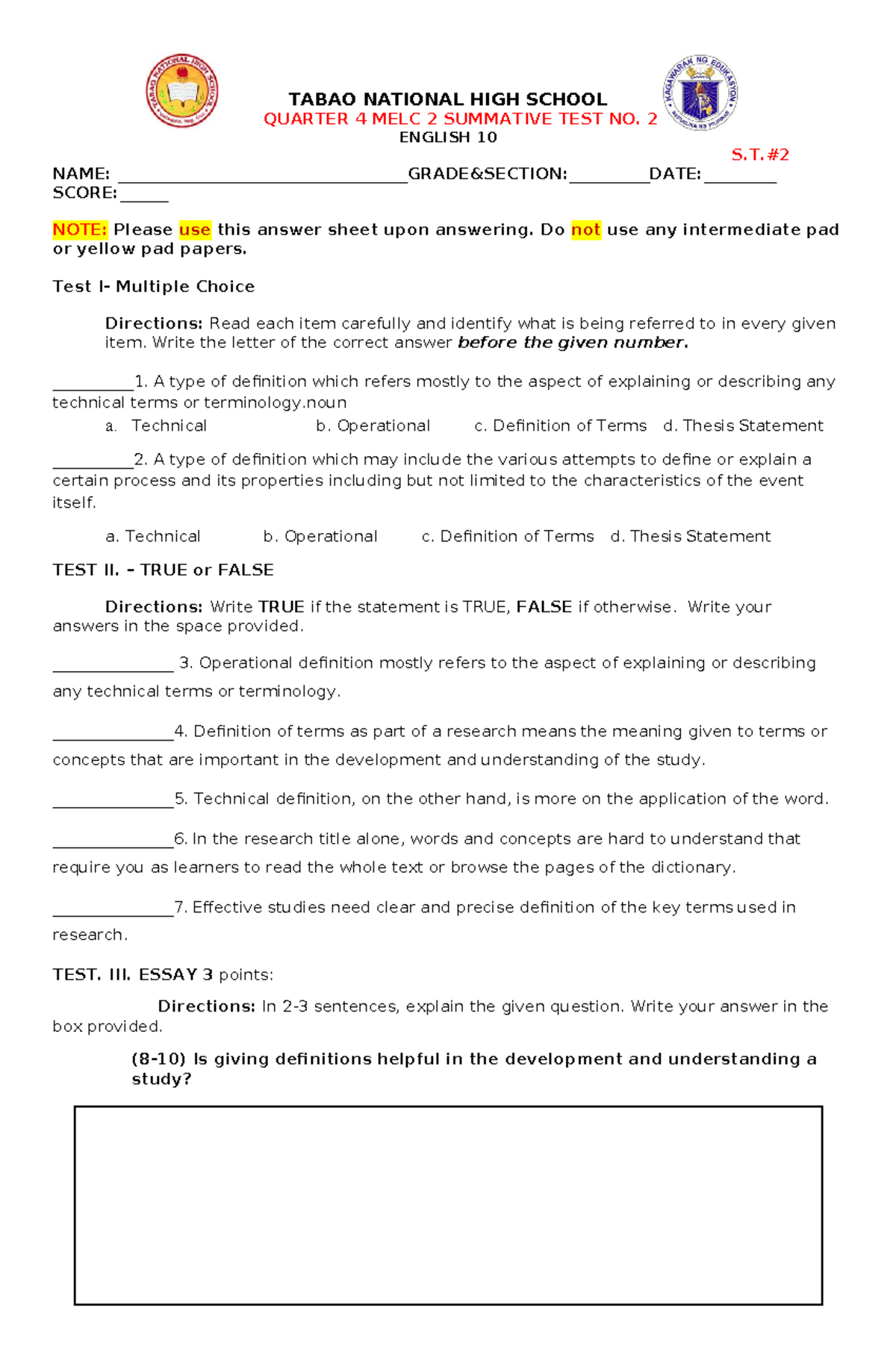 English 10 - Module 1 - Summative Test and Performance Tasks - Studocu