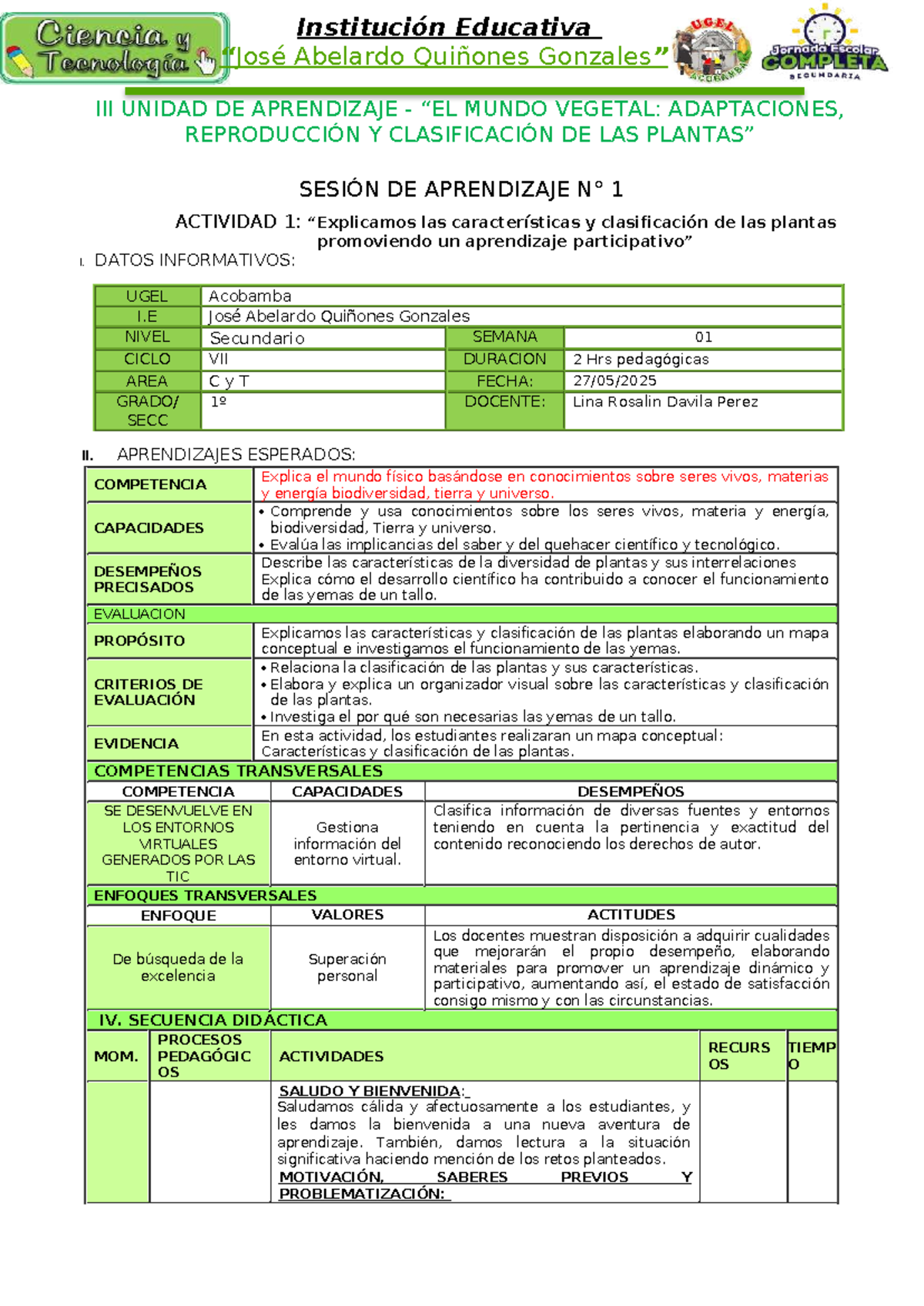 Sesión de Aprendizaje 1: Características y Clasificación de Plantas ...