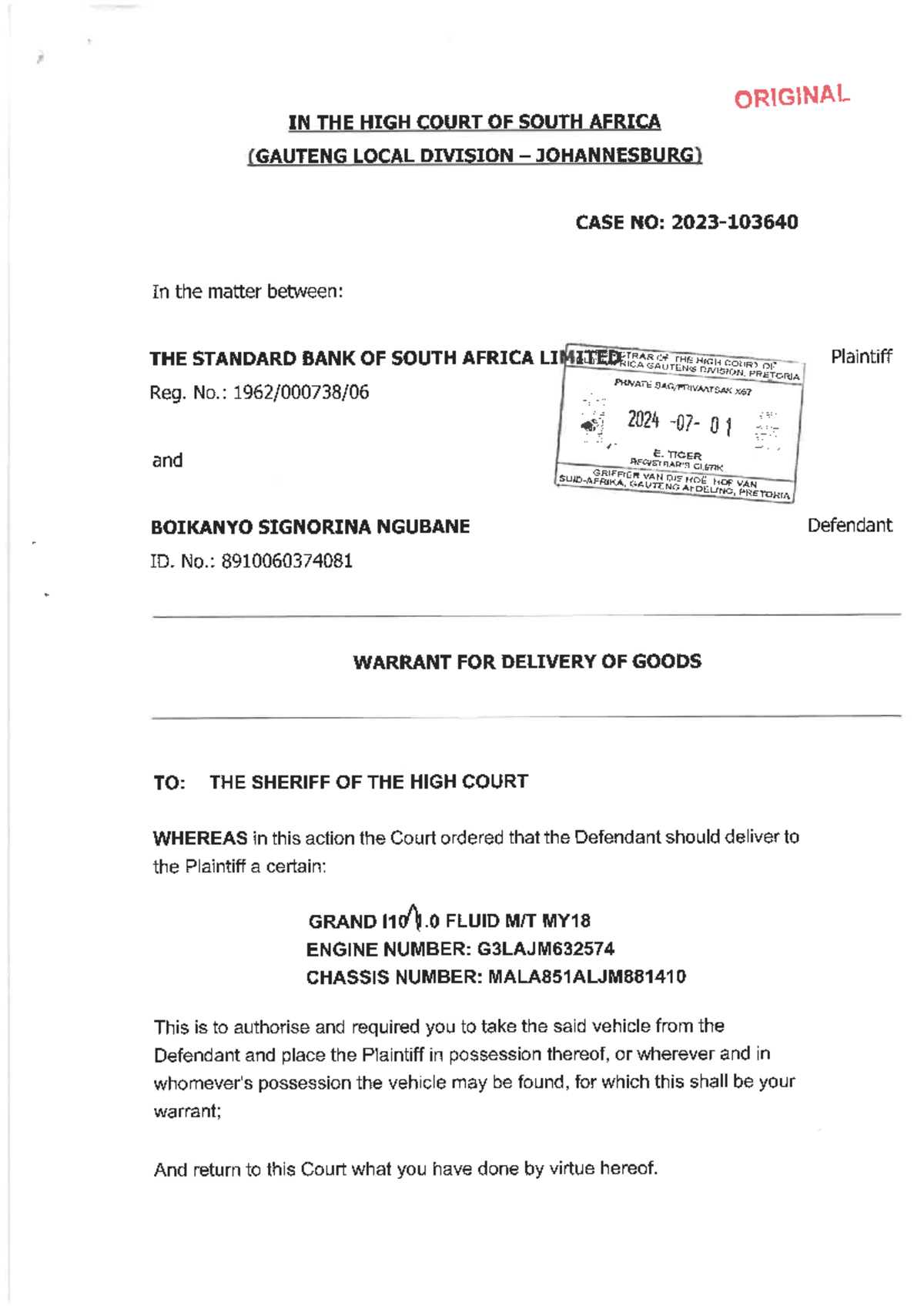 MAT84923 - High Court Warrant for Delivery of Hyundai Grand i10 - Studocu