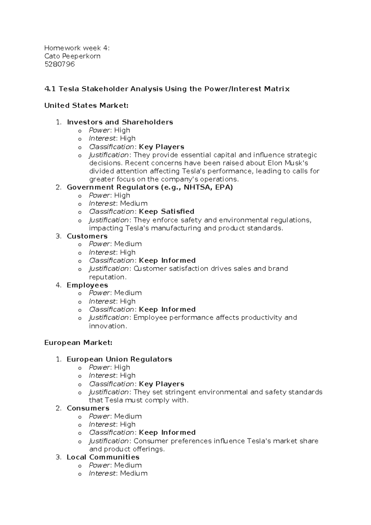 Homework Week 4: S&O - Tesla Stakeholder Analysis and ESG Insights ...