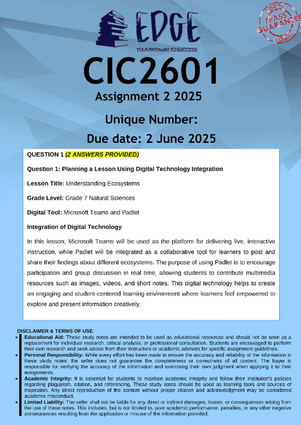 CIC2601 Assignment 2: Lesson Planning with Digital Tech Integration - Studocu
