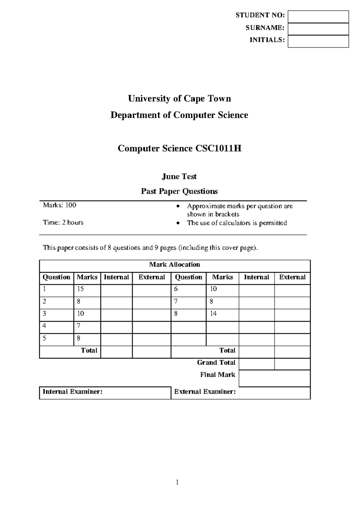 CSC1011H June Test Past Paper Questions & Answers 2022 - Studocu