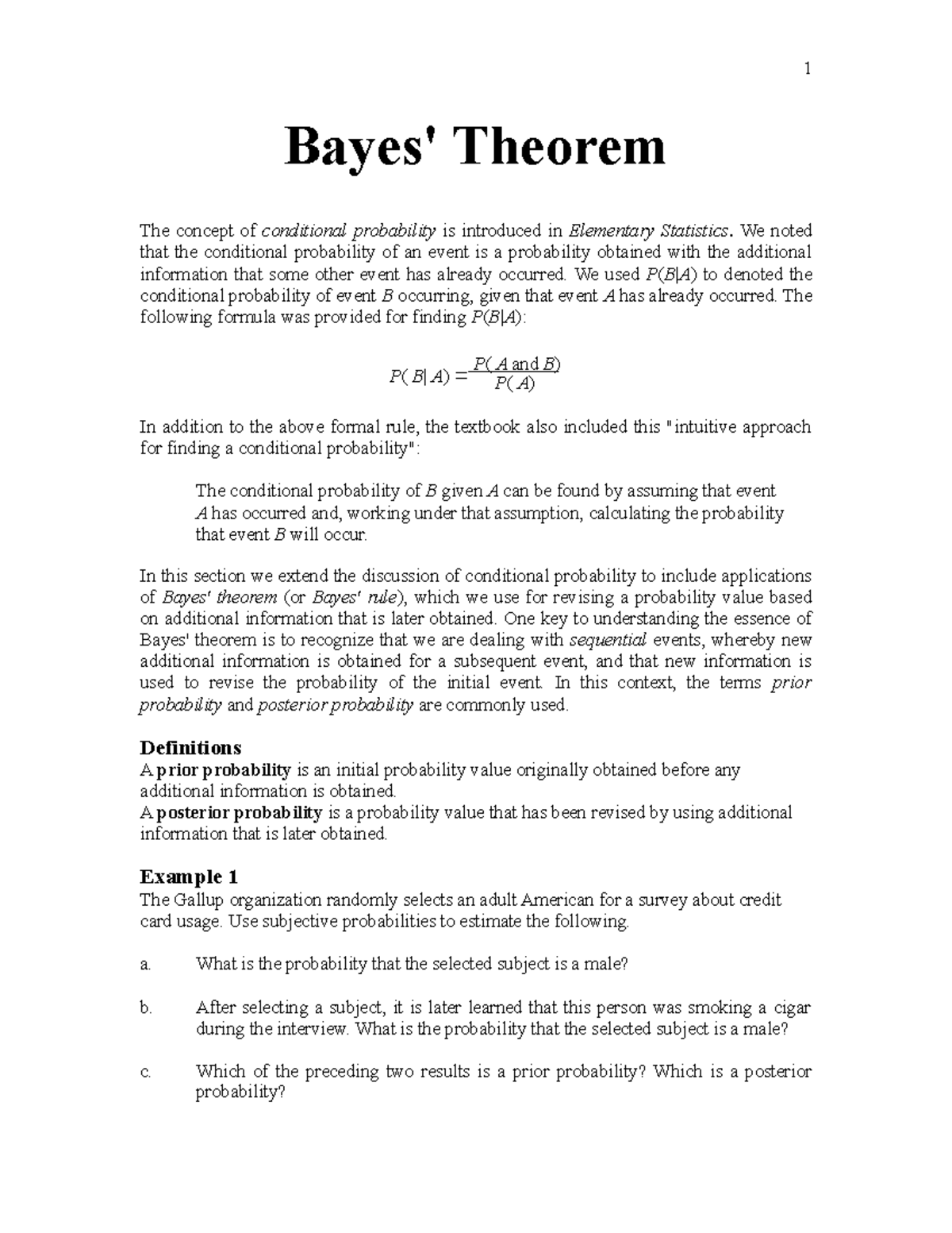 Bayes' Theorem: Class Notes and Examples for Elementary Statistics ...