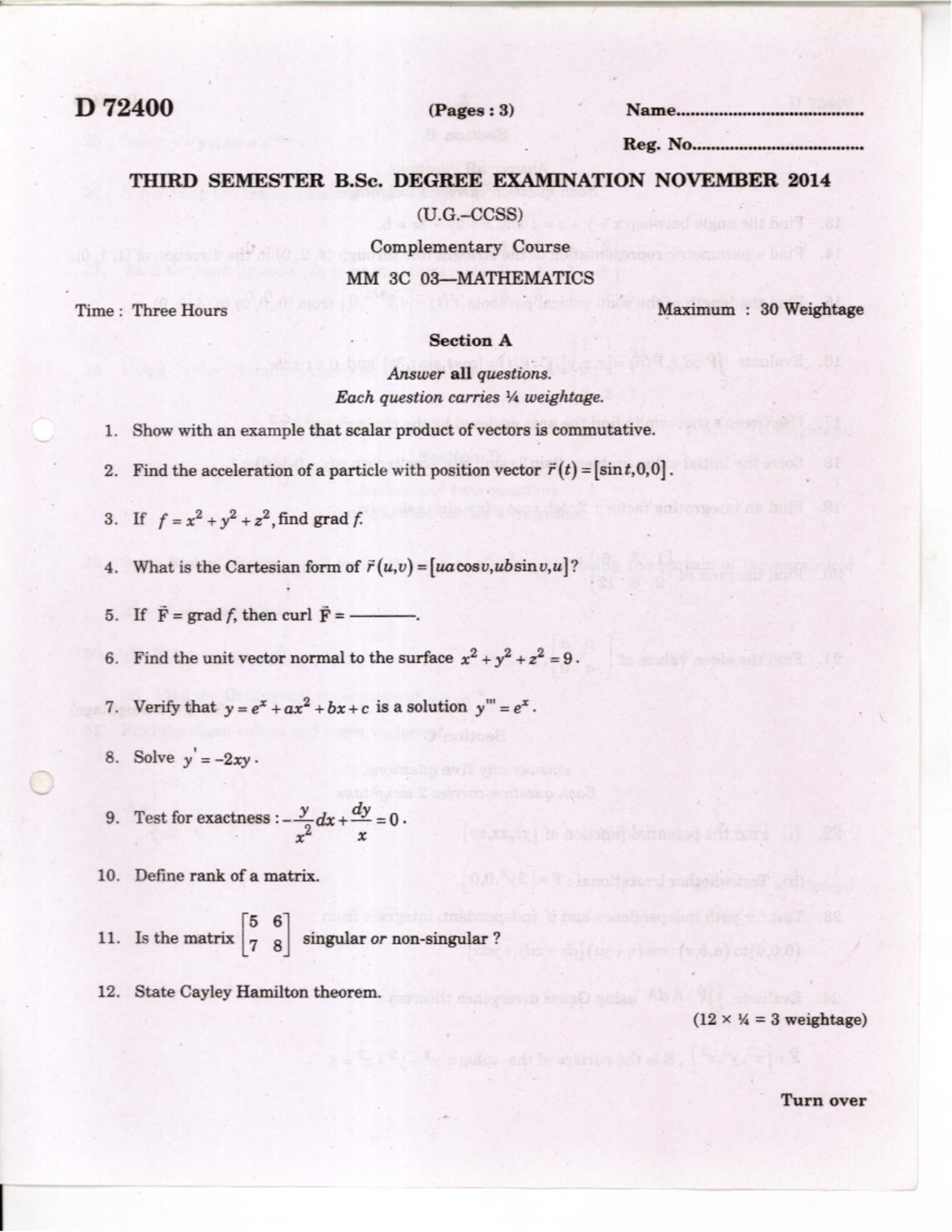 D 72400 - B.Sc. 3rd Sem. Complementary Math Exam Nov 2014 - Studocu