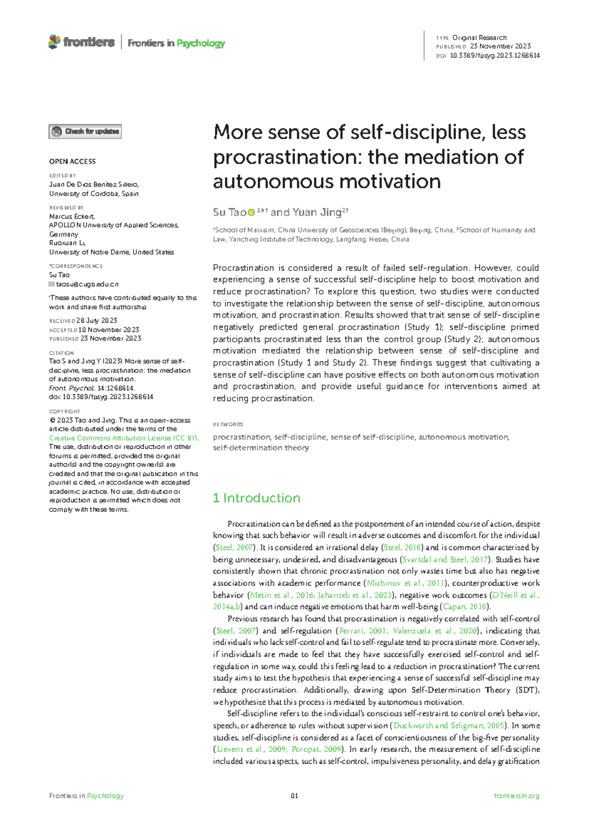 Final Exam: Procrastination and Autonomous Motivation in Psychology ...