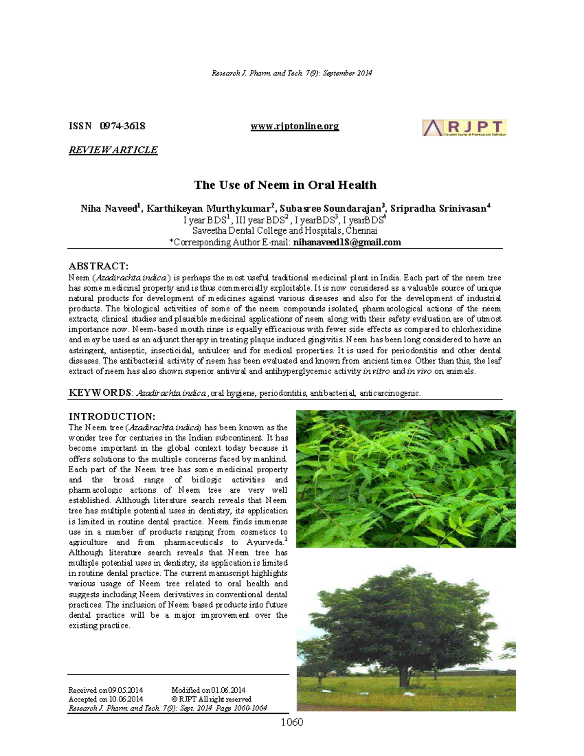 The Use of Neem in Oral Health: A Review (BDS I Year) - Studocu