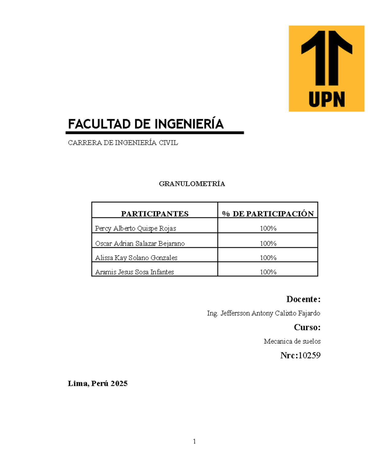 Informe de Granulometría - Mecanica de Suelos NRC 10259 - Studocu