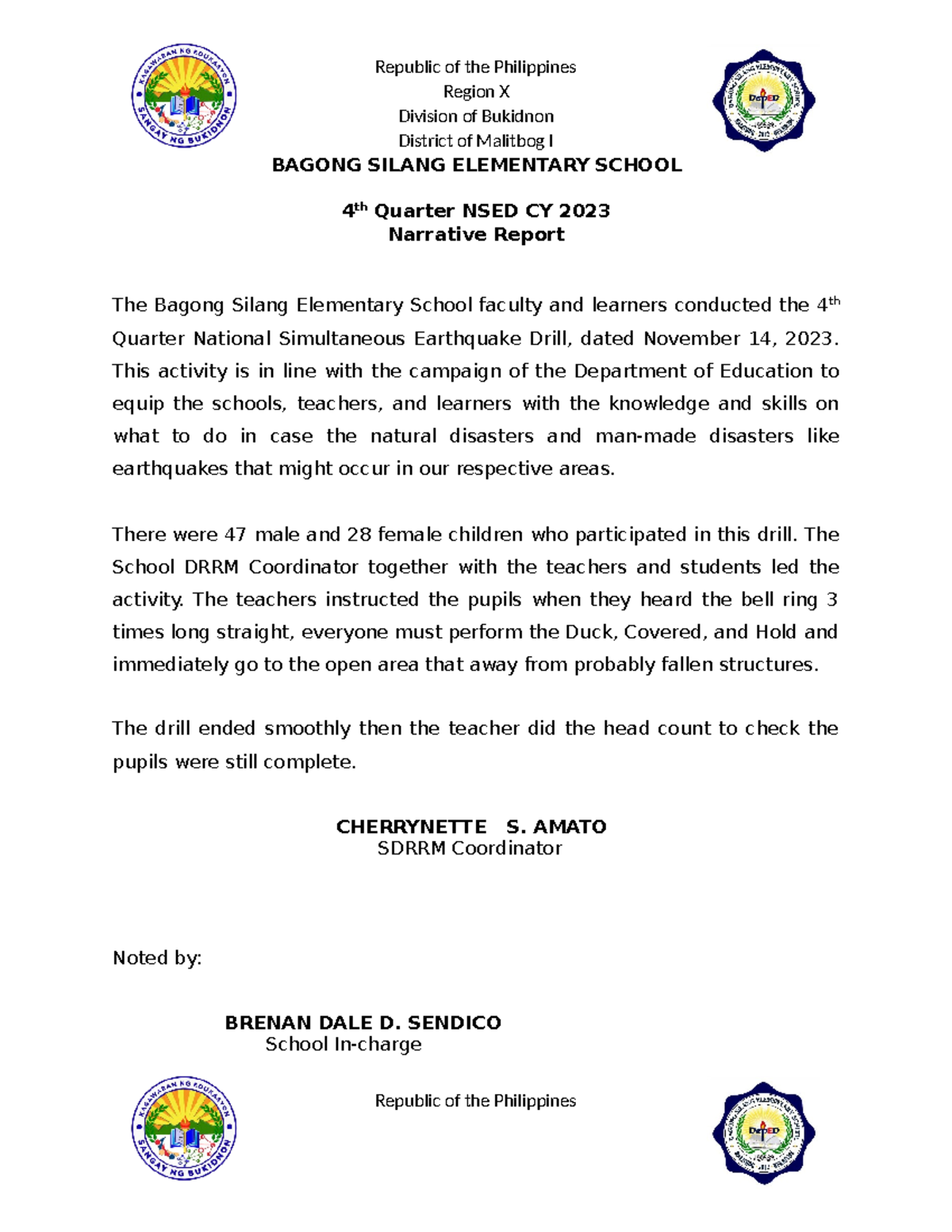 NSED 4th & 1st Quarter Earthquake Drill Narrative Reports 2023-2024 ...