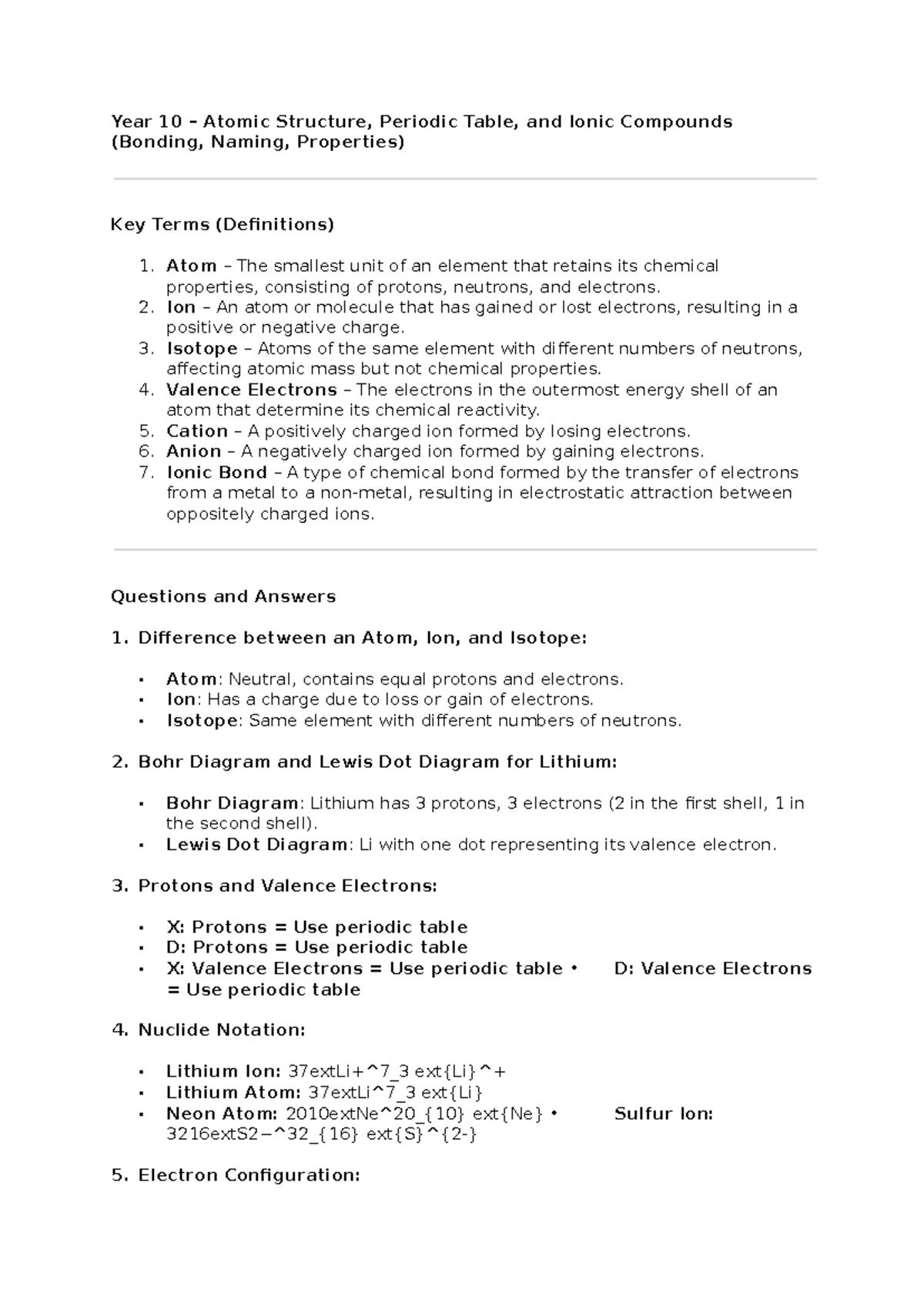 Year 10 Chemistry: Atomic Structure, Bonding & Chemical Reactions - Studocu