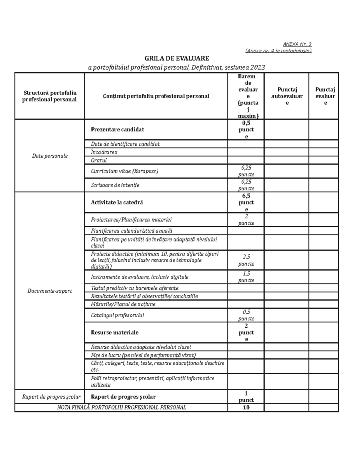Grila evaluare portofoliu DEF 2023 - ANEXA Nr. 3 (Anexa nr. 4 la metodologie) GRILA DE EVALUARE ...