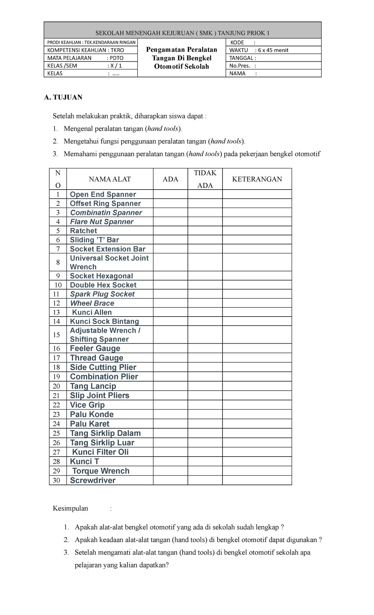 Job Sheet: Hand Tools in Automotive Workshop for TKRO Class X/1 - Studocu