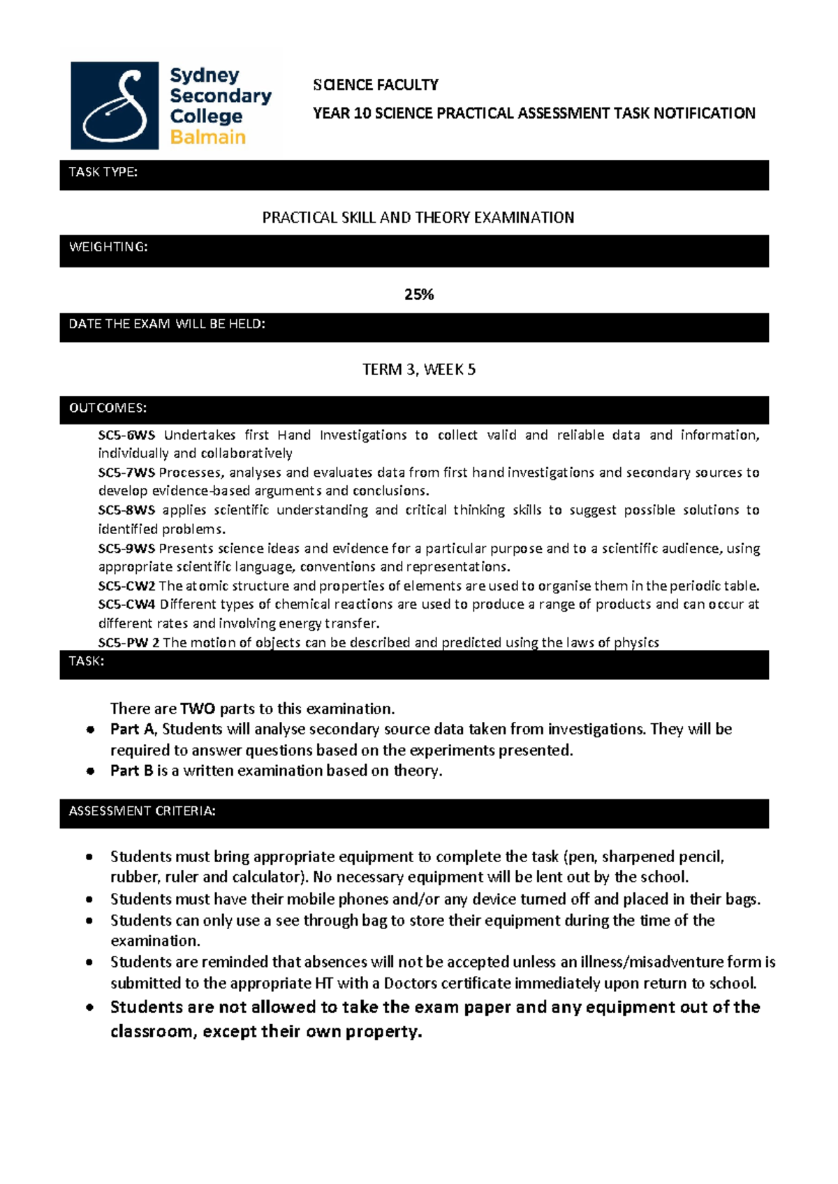 Year 10 Science Practical Exam Assessment Task Notification - Studocu