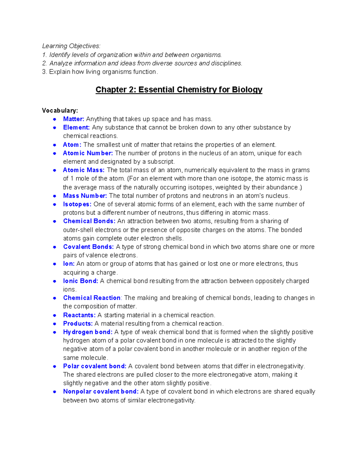 BSC1005 Chapter 2: Spring 2025 Notes on Essential Chemistry for Biology ...