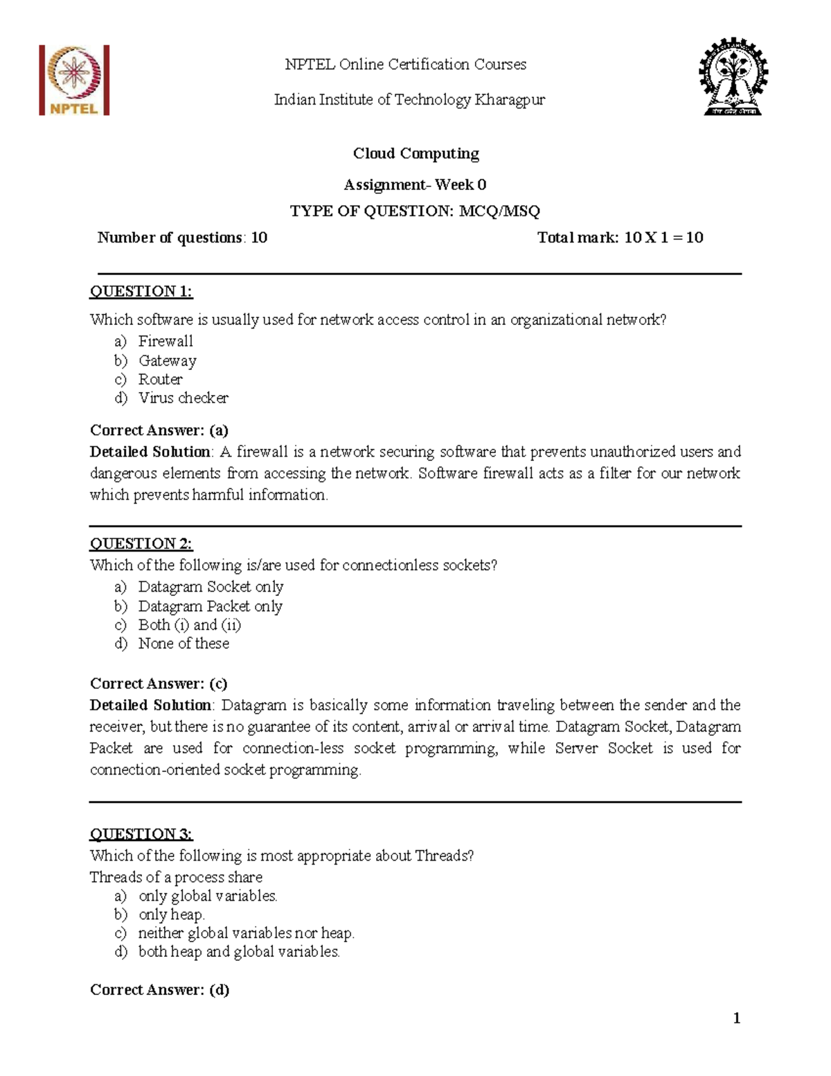 Nptel CC Assignment 0 - Indian Institute of Technology Kharagpur Cloud ...