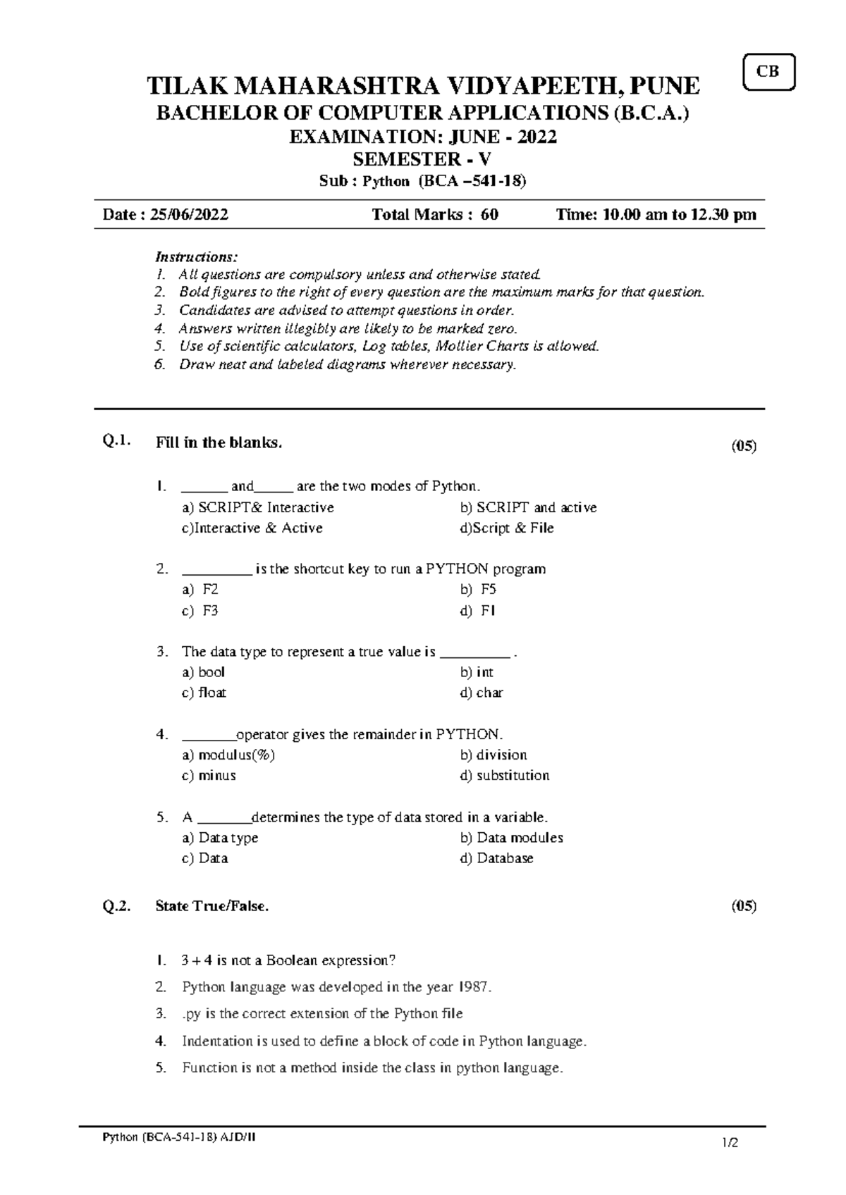 BCA-541-18 Python - Best - Python (BCA-541-18) AJD/II 1/ TILAK ...