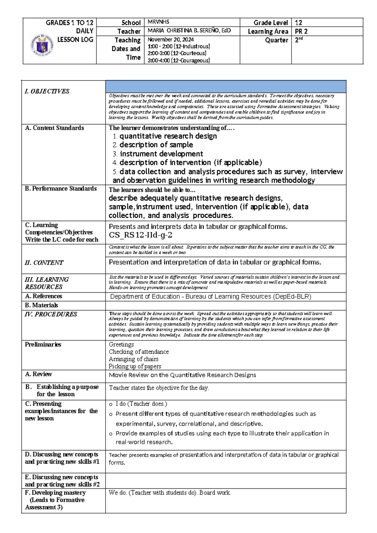 DLP DLL PR2 November 20 - dll - GRADES 1 TO 12 DAILY LESSON LOG School ...