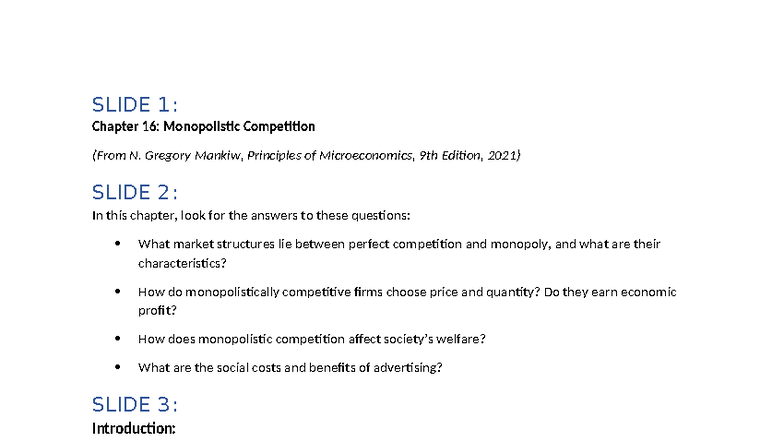 Microeconomics: Chapter 16 - Monopolistic Competition Overview - Studocu