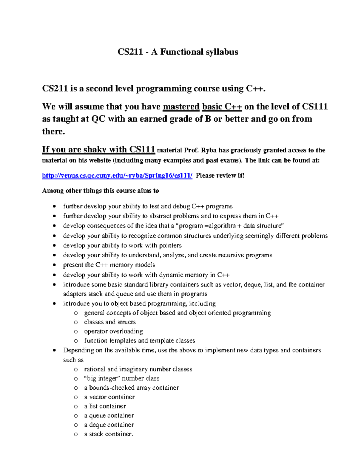 CS211 Functional Syllabus - Fall 2021 Overview for Blackboard - Studocu