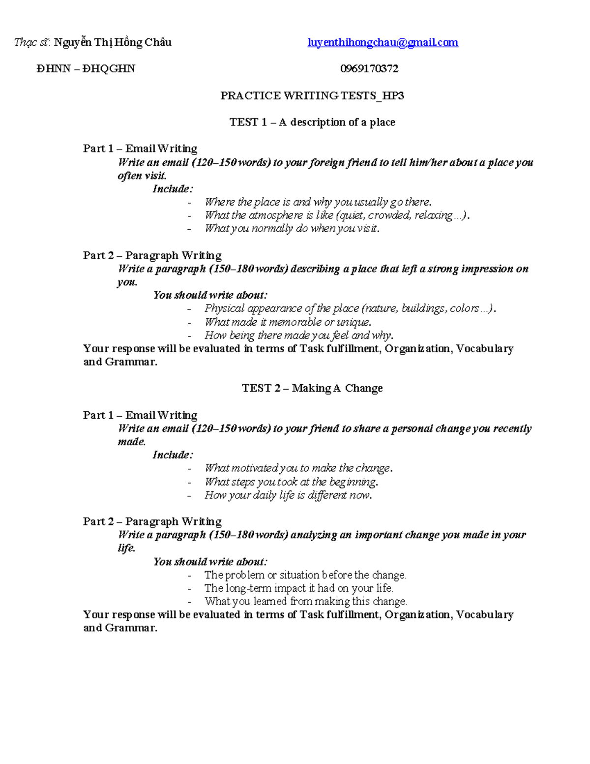 Topics for Writing Final HP3: Email & Paragraph Tasks - Studocu