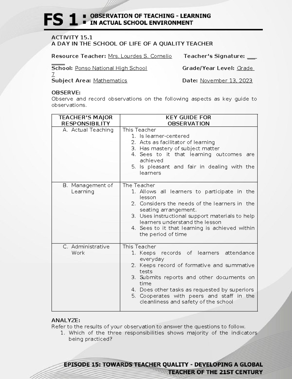 FS1 Episode 15: Observations on Quality Teaching in Mathematics - Studocu