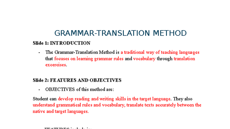 Grammar-Translation Method Overview and Key Features - Studocu