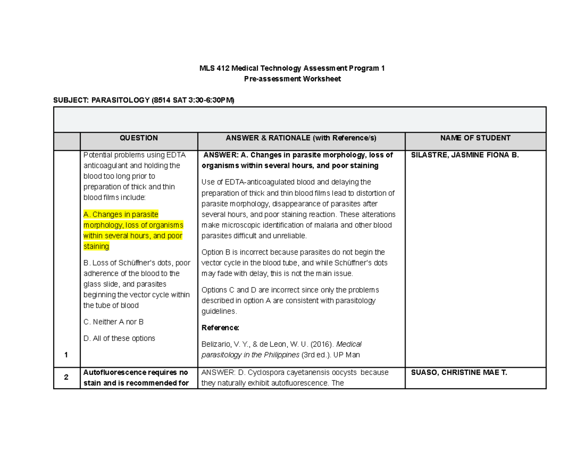 MLS 412 Parasitology Pre-Assessment Worksheet and Answers - Studocu
