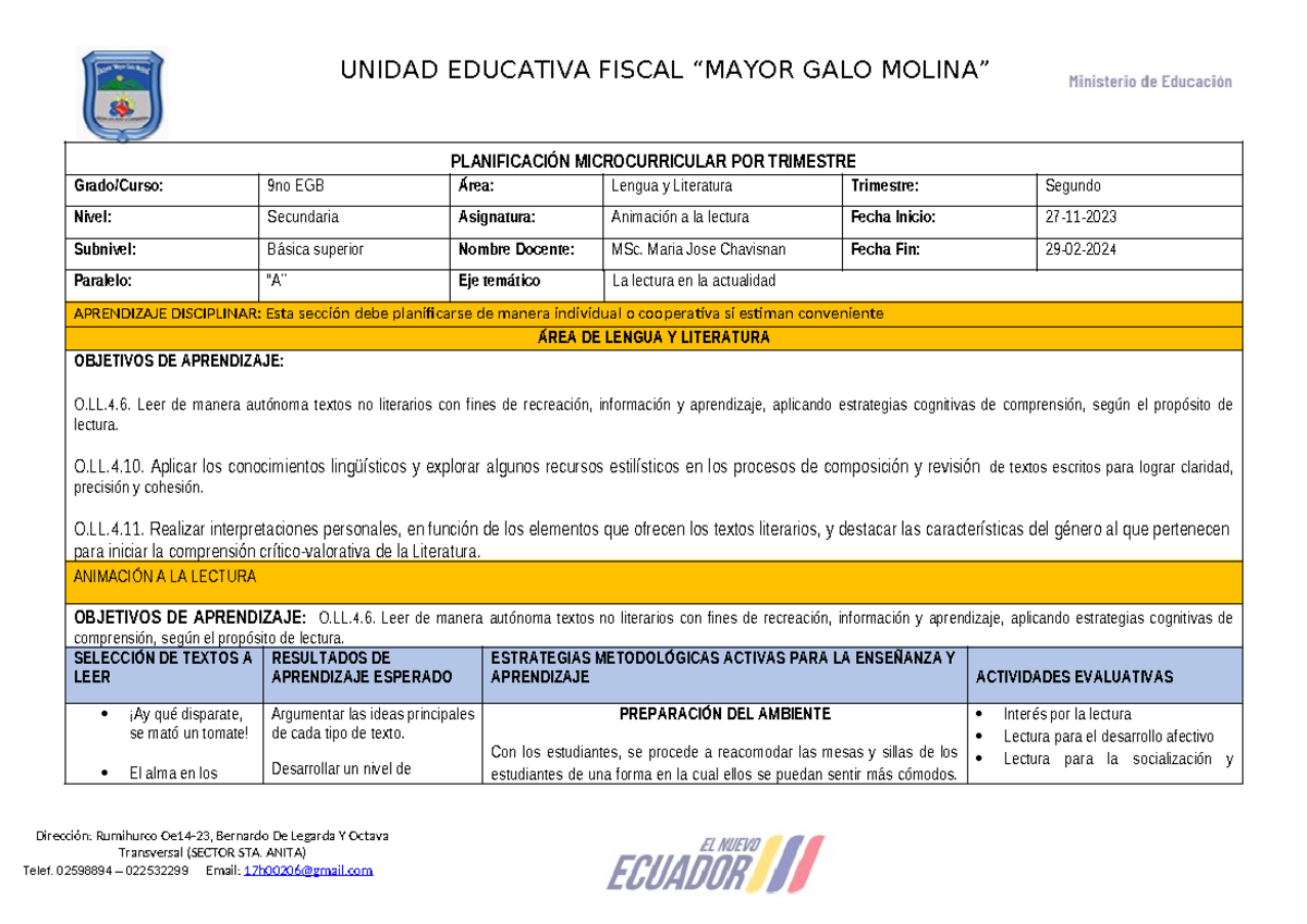 Planificación Microcurricular 9no EGB: Animación a la Lectura - 2do Trim - Studocu