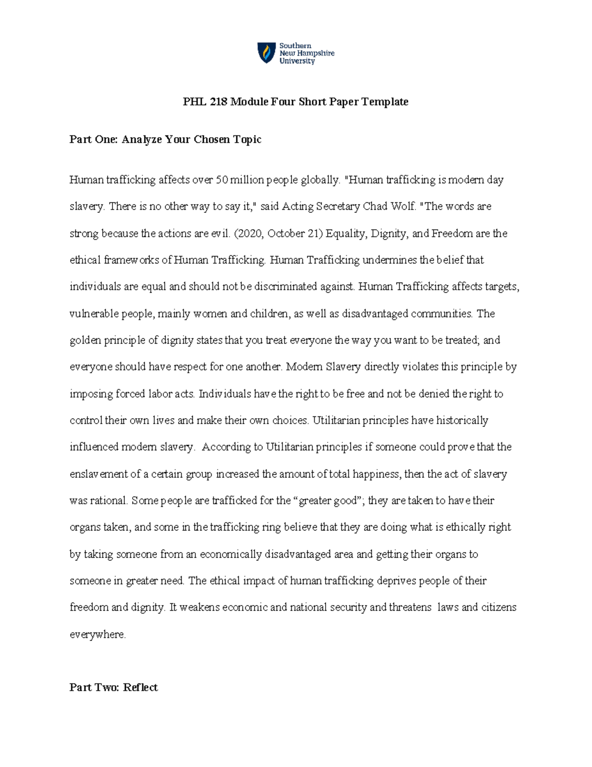 PHL 218 Module Four Short Paper on Human Trafficking Ethics - Studocu