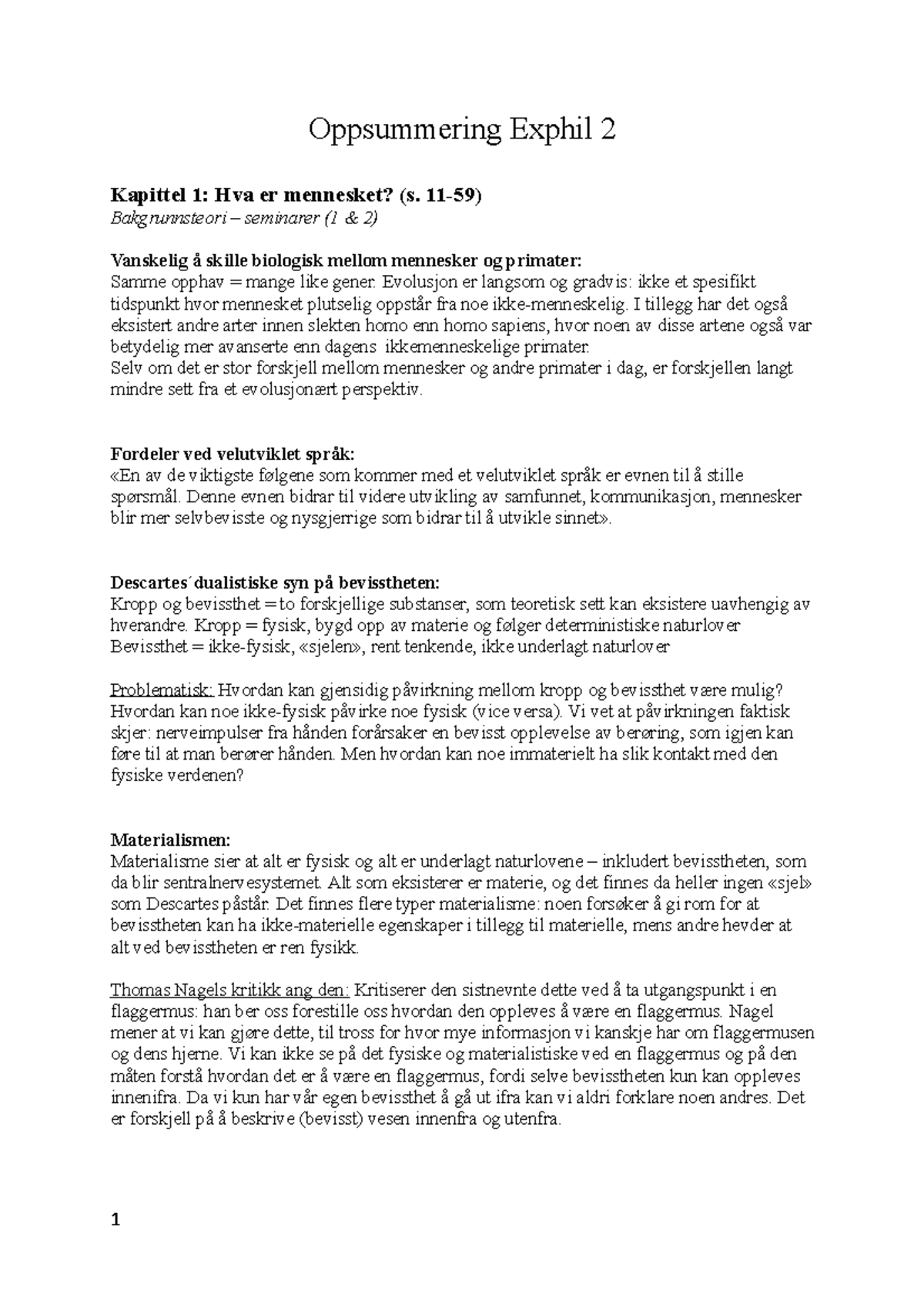 Oppsummering Exphil kap. 2 - Oppsummering Exphil 2 Kapittel 1: Hva er ...