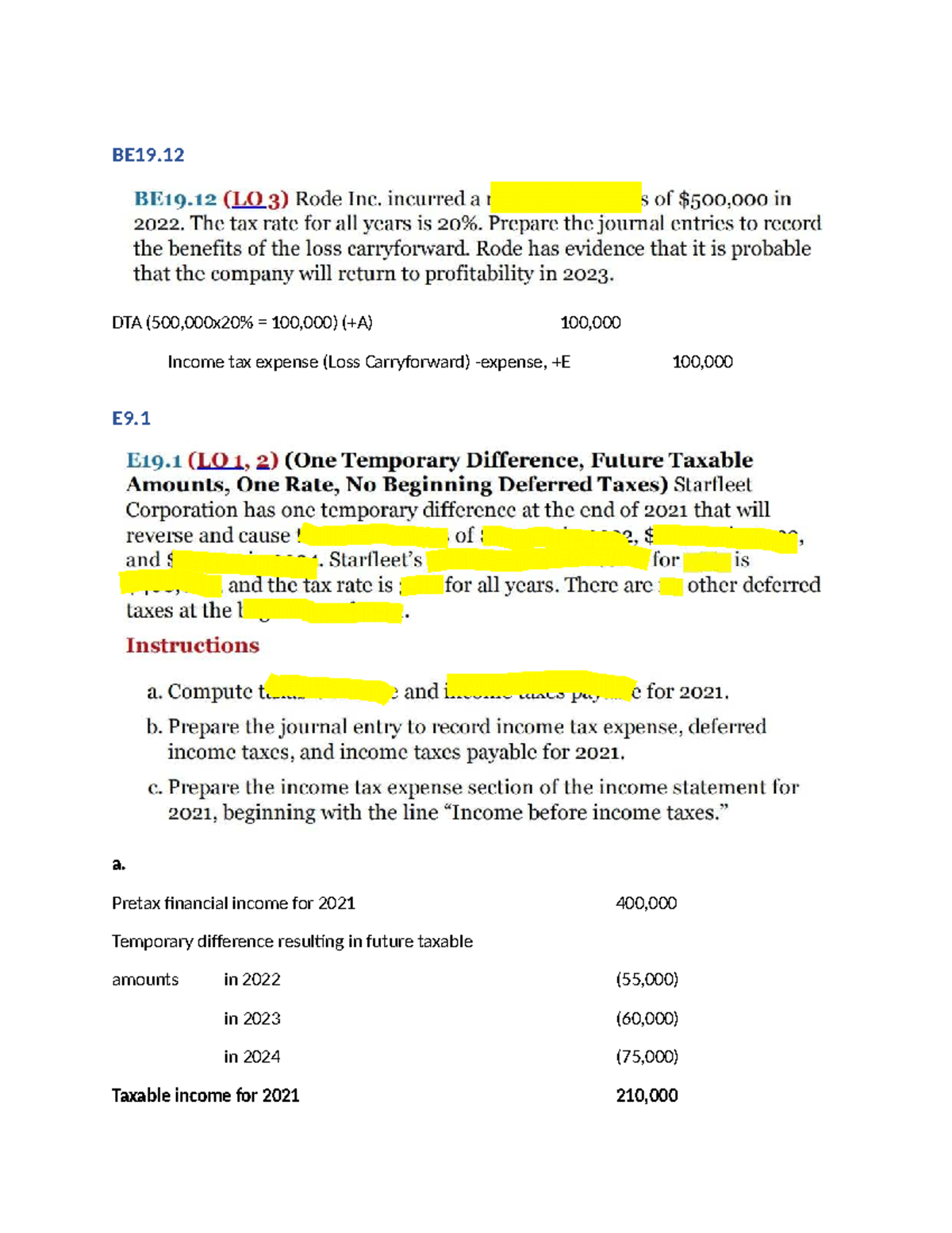 BE19.12 Income Tax Expense & DTL Analysis - Exercise Chap 2 - Studocu