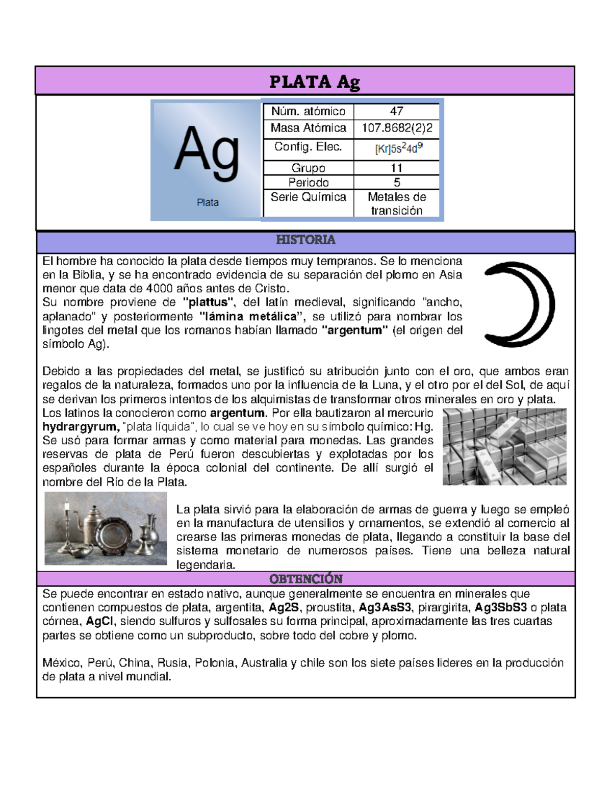 Información Técnica sobre el Elemento Plata (Ag) - Química Básica - Studocu
