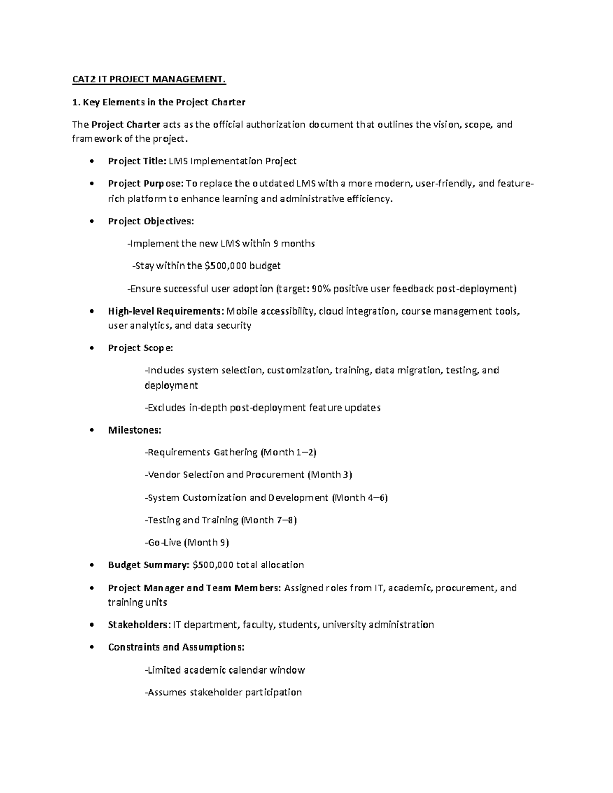 CAT2 IT Project Management: LMS Implementation Project Overview - Studocu