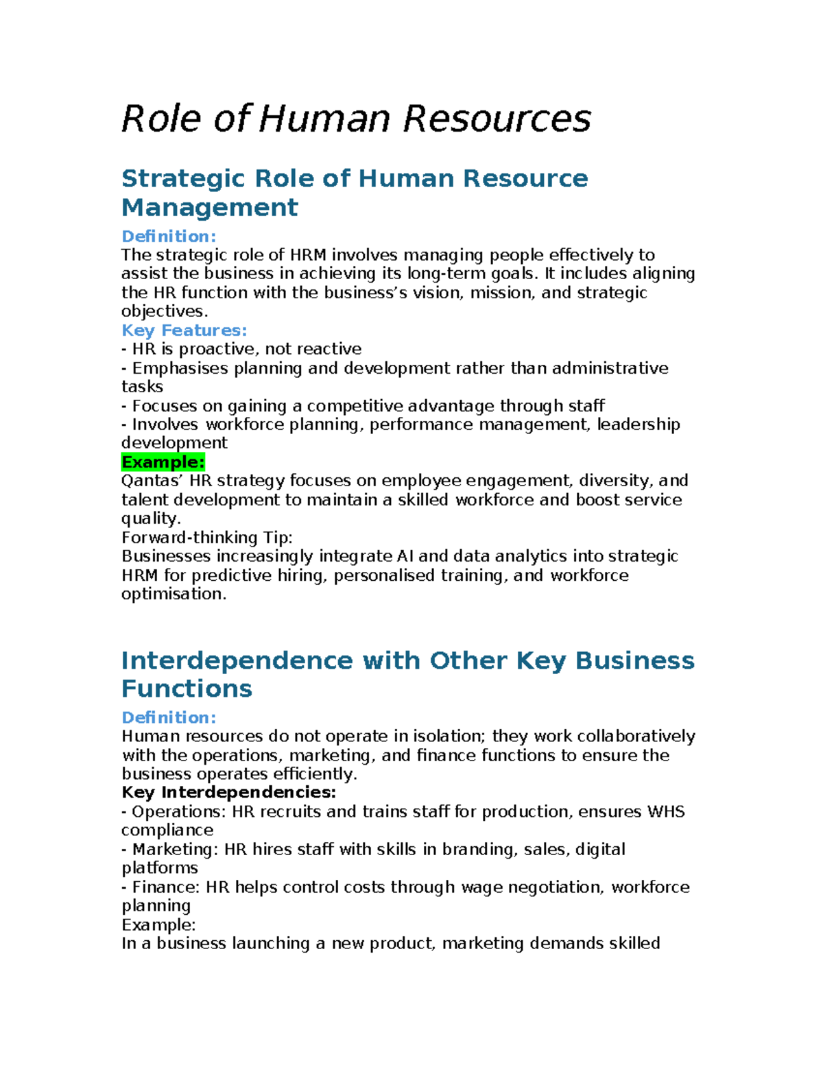 Human Resources (HRM) - Strategic Role and Functions Study Notes - Studocu